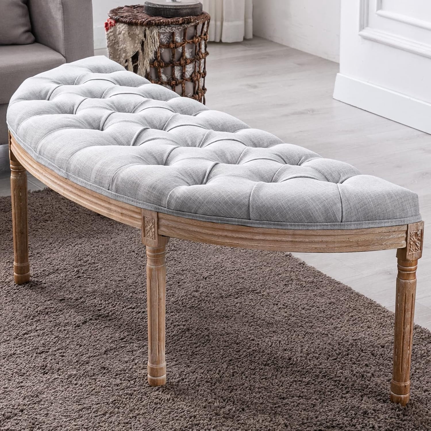 Farmhouse Upholstered Tufted Bench Wooden Half Moon Entryway Ottoman ...