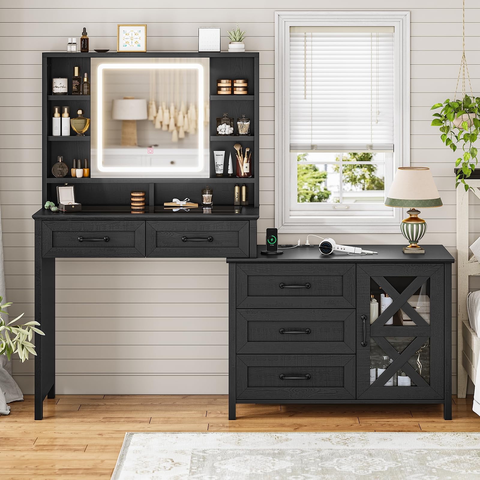 Farmhouse Vanity with Cabinet & Glass Top, Vanity Desk with Mirror and ...