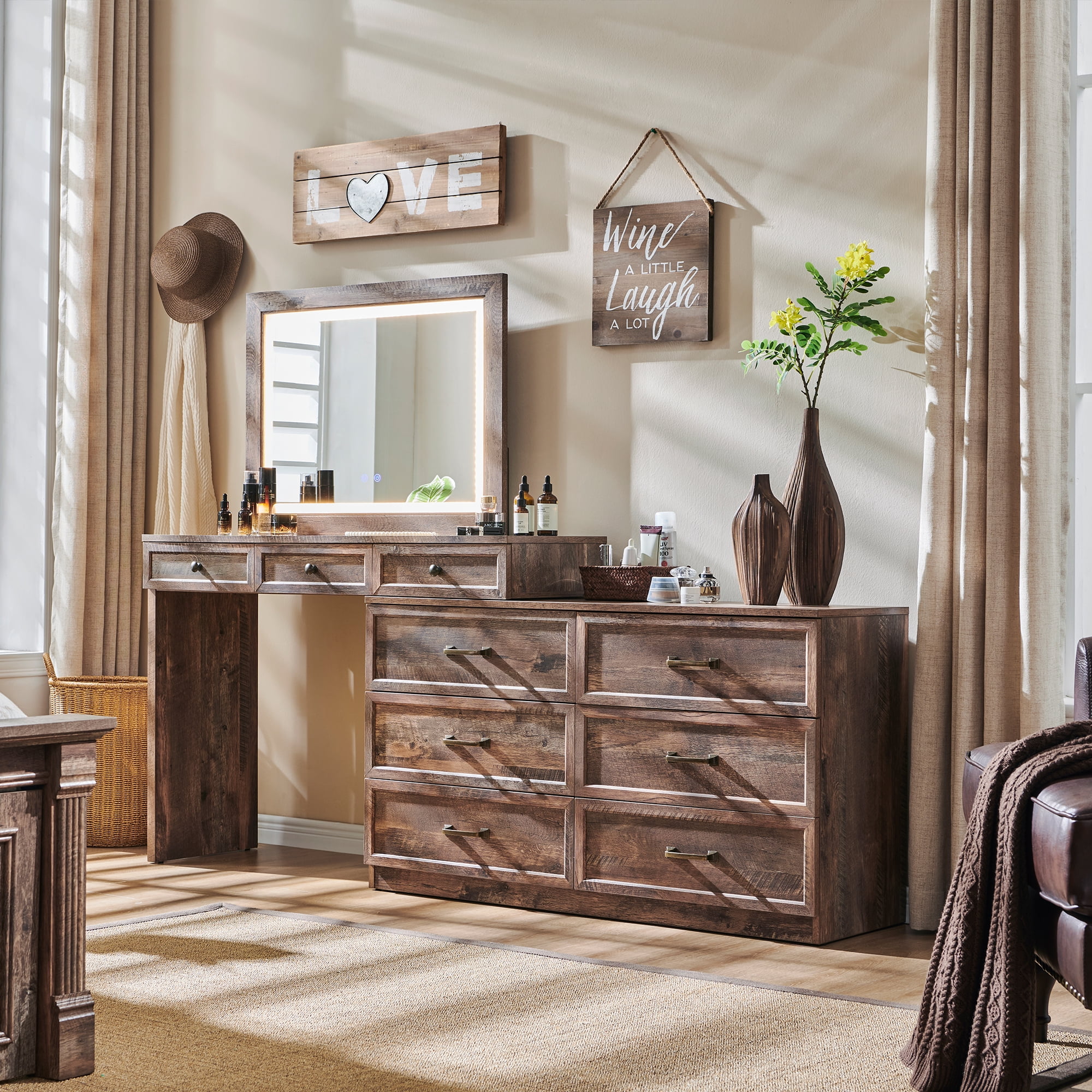 Farmhouse Vanity Desk with Glass Top, Corner Makeup Vanity Set with 30 ...