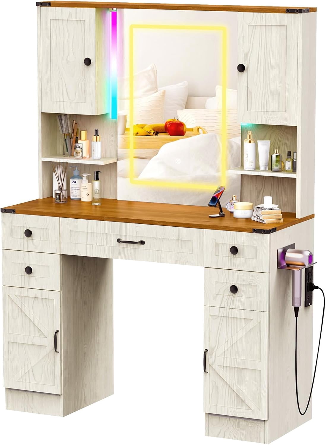 Farmhouse Vanity Desk with HD Mirror and RGB Lights, Large Makeup ...