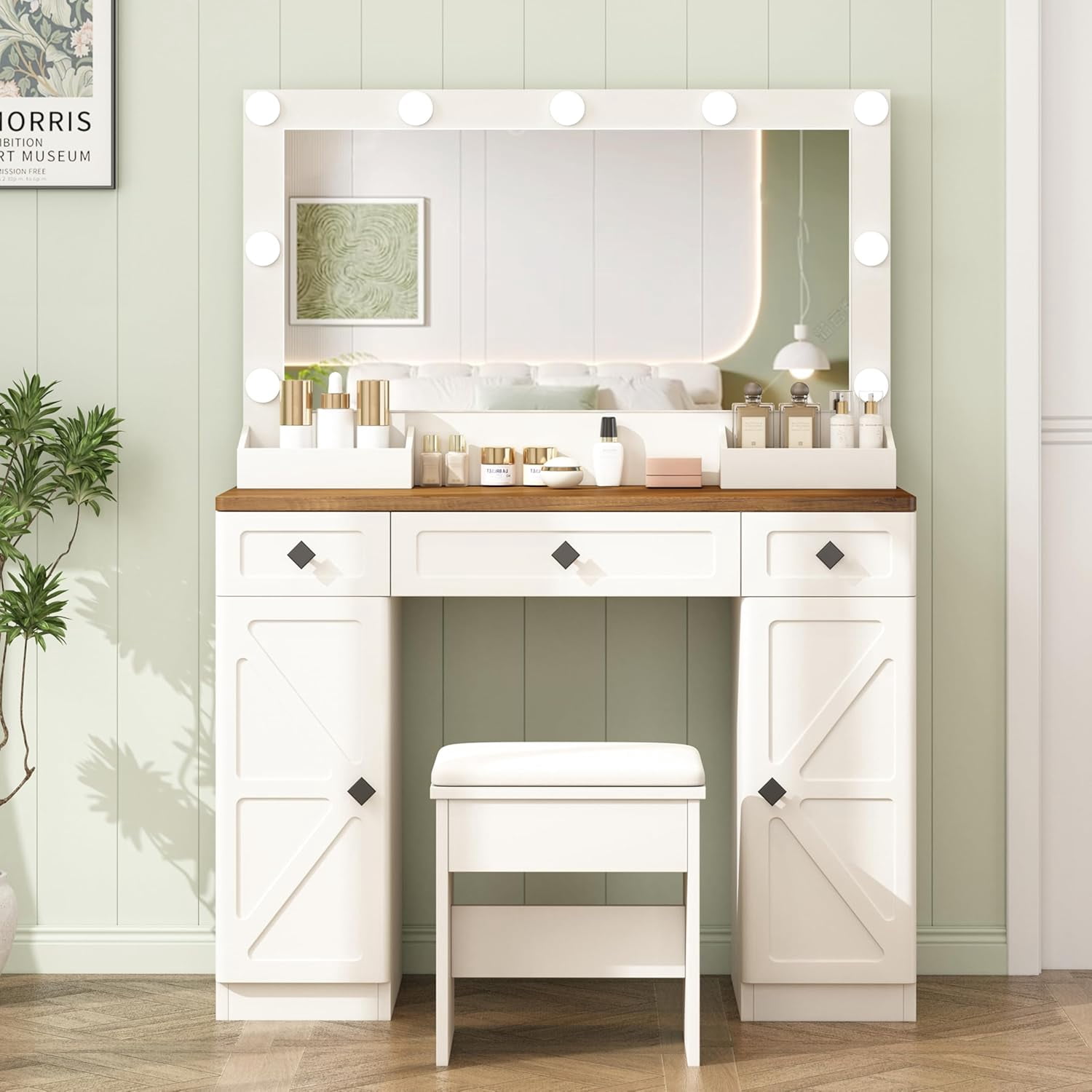 Farmhouse Vanity Desk with Lighted Mirror and Stool, Vanity Set with ...