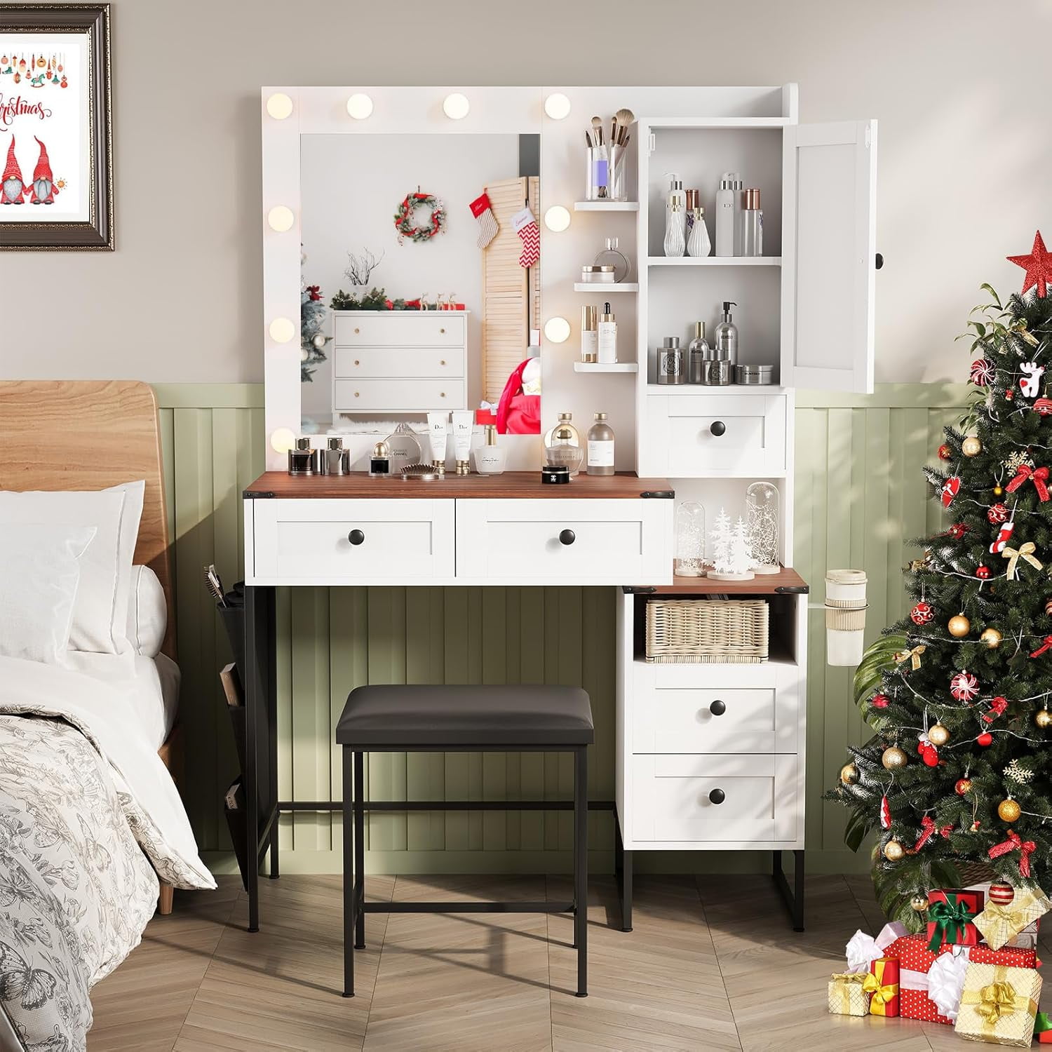 Farmhouse Vanity Desk with Mirror, 39" W Makeup Vanity Set with Power ...