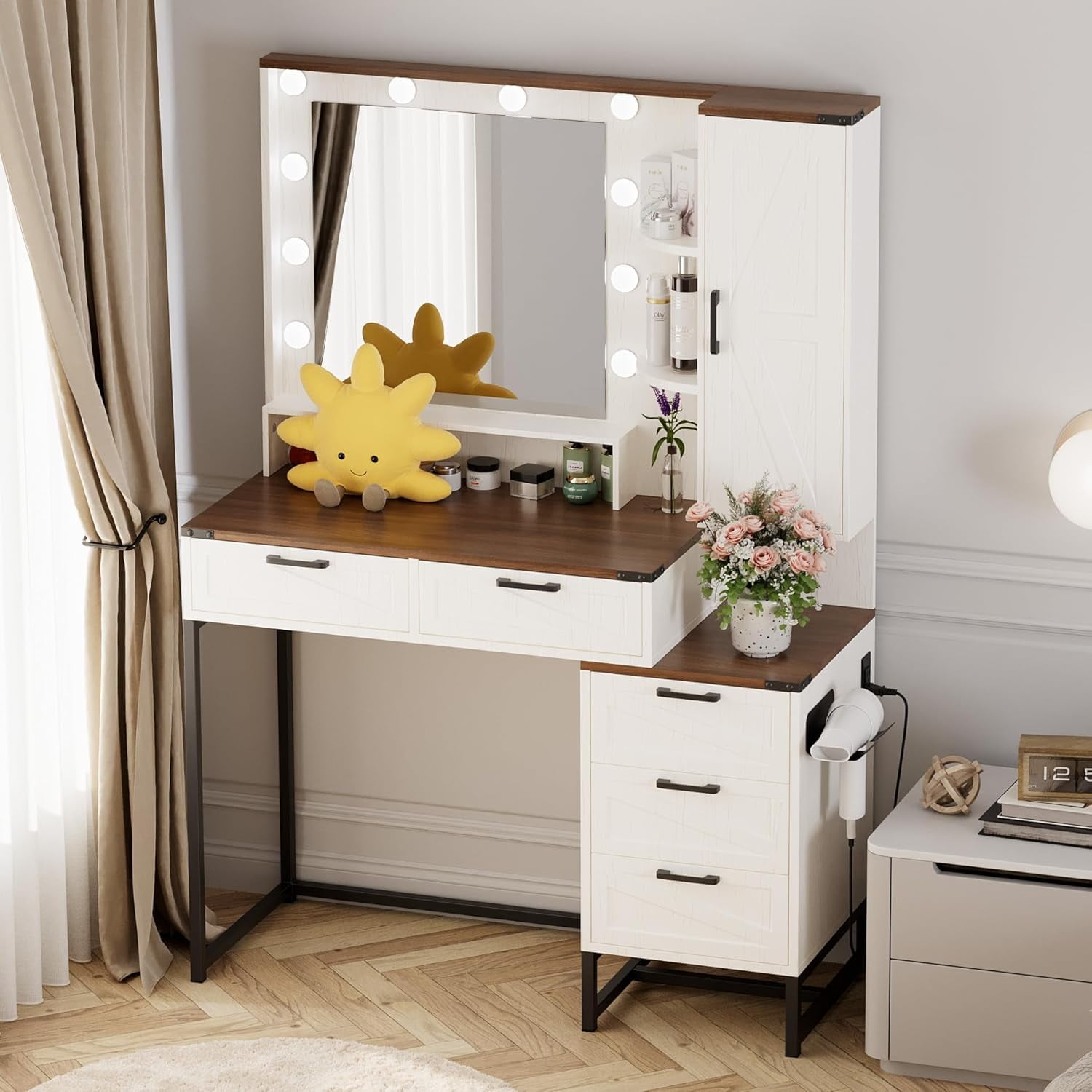 Farmhouse Vanity Desk with Mirror and Lights, Makeup Vanity with Power ...