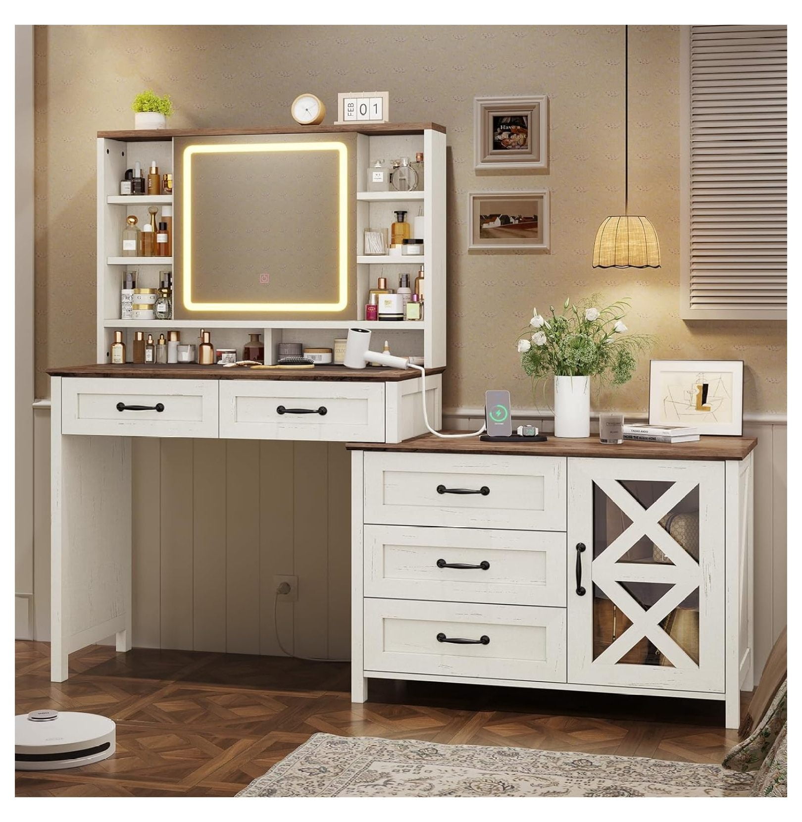 Farmhouse Vanity Desk with Openable Mirror and Lights, White Vanity ...