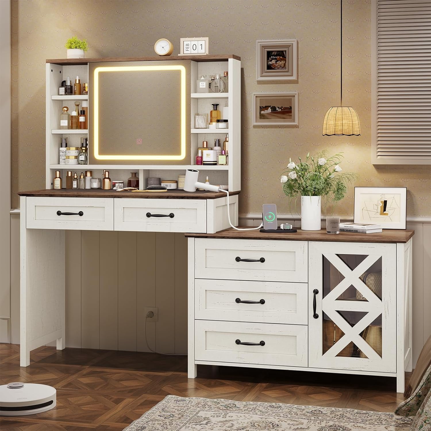 Farmhouse Vanity Desk with Openable Mirror and Lights White Vanity ...
