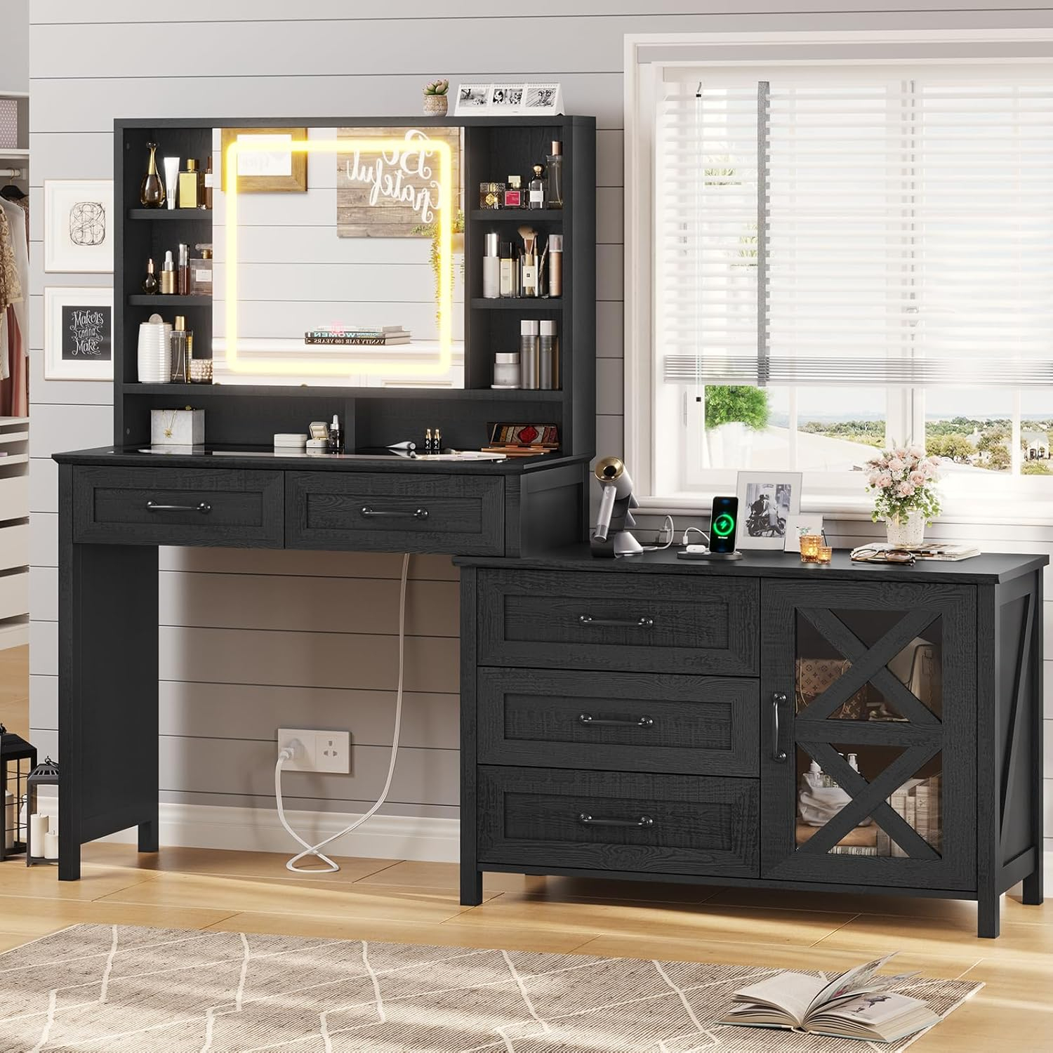 Farmhouse Vanity Desk with Openable Mirror and Lights White Vanity ...