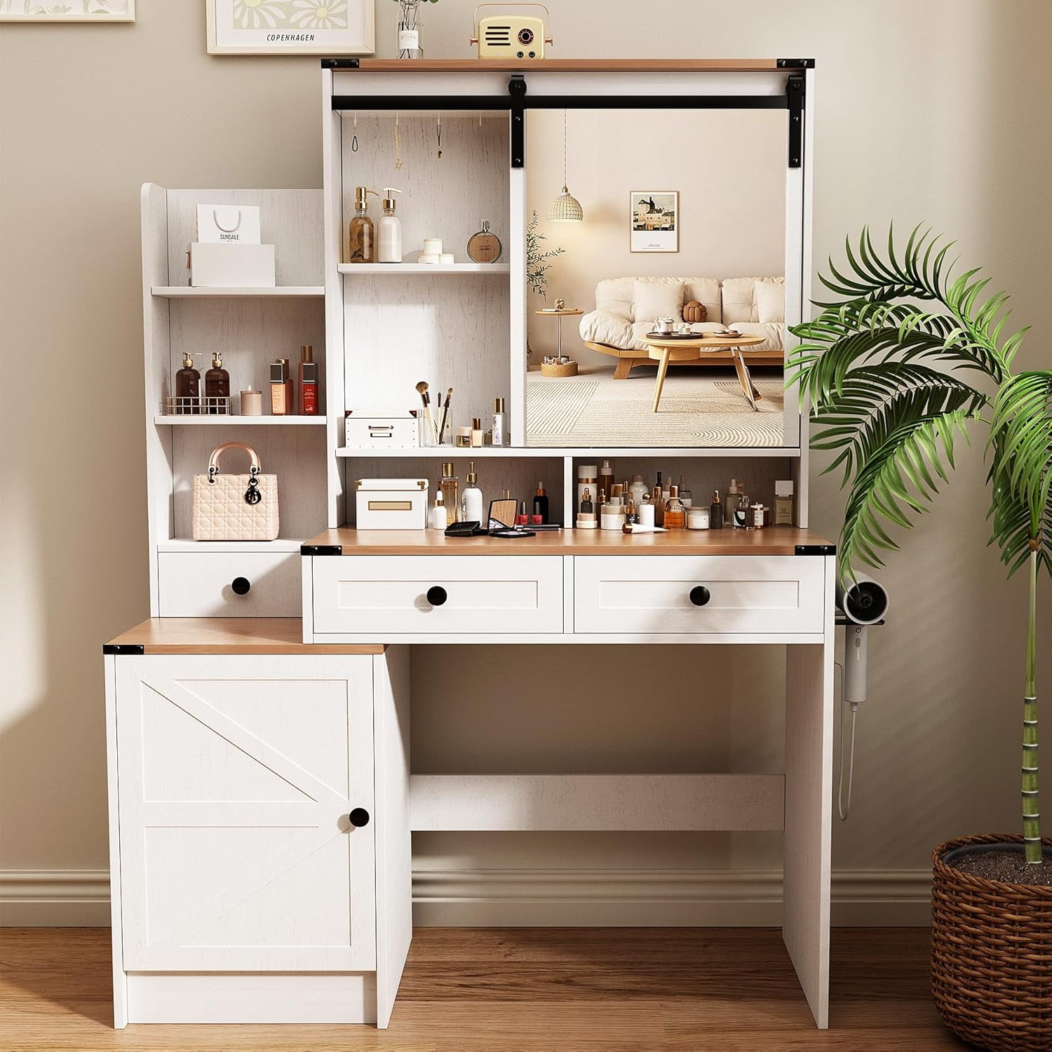 Farmhouse Vanity Desk with Sliding Mirror and Lights, Vanity Table with ...