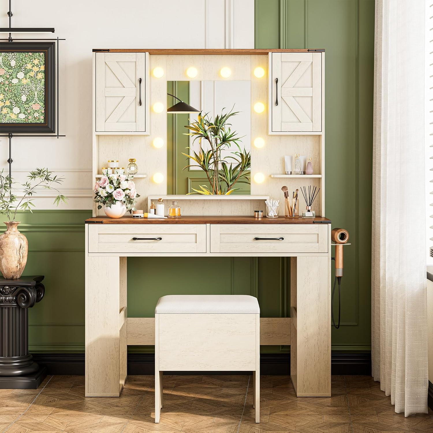 Farmhouse Vanity Desk with Mirror, Makeup Table with Drawers and ...
