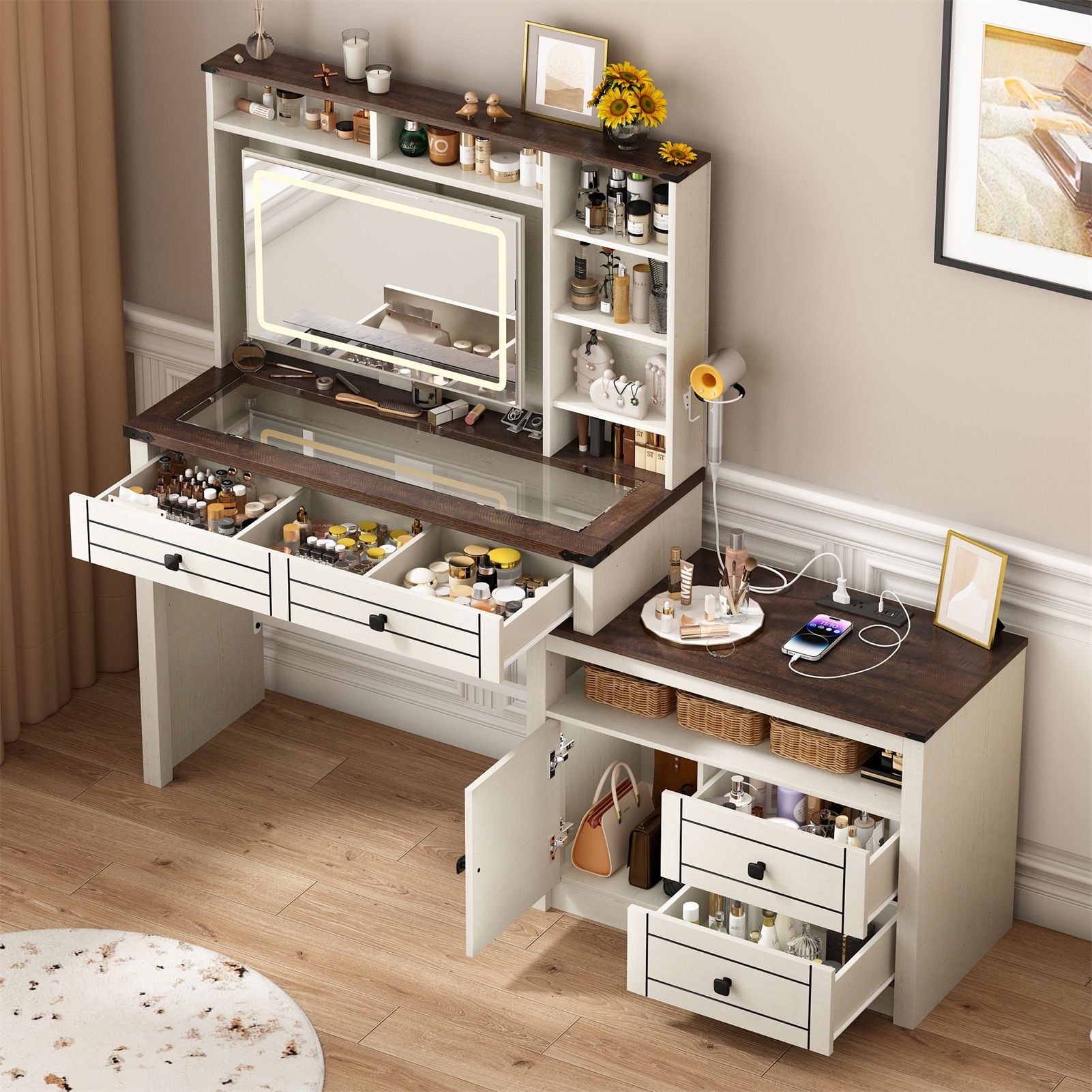 Farmhouse Vanity Desk with Sliding Mirror & Lights, 65'' Large Makeup ...