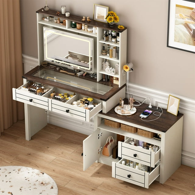 Farmhouse Vanity Desk with Sliding Mirror & Lights, 65'' Large Makeup ...