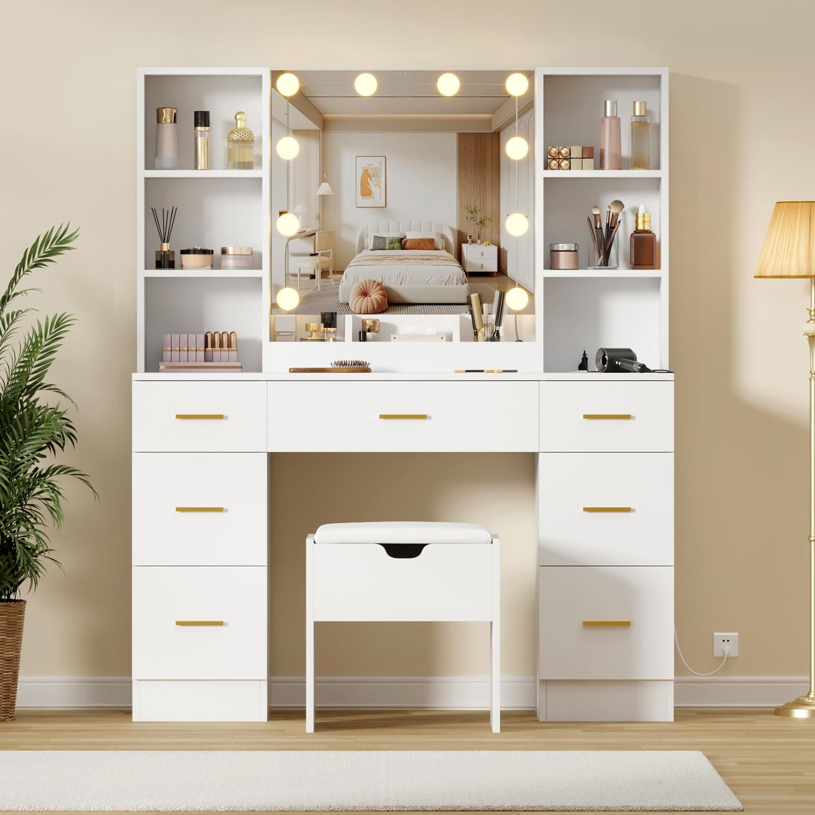 Farmhouse Vanity Set with LED Mirror,56"Makeup Vanity with Charging ...