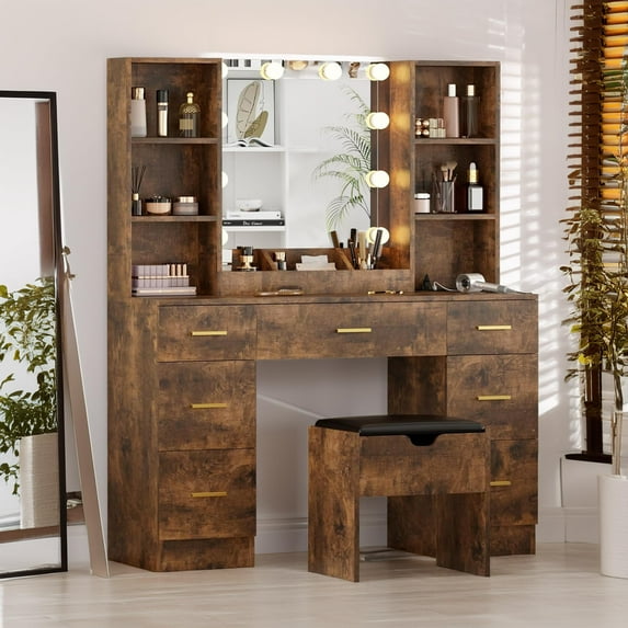 Farmhouse Vanity Set with LED Mirror,56"Makeup Vanity with Power Outlet ...
