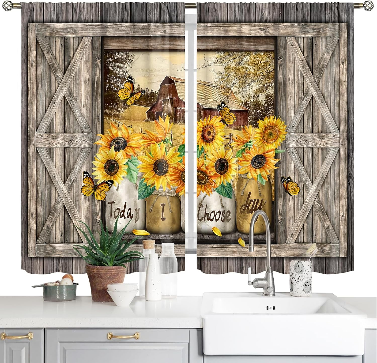 Farmhouse Vintage Country Sunflower Kitchen Curtains 2 Panels Rod ...