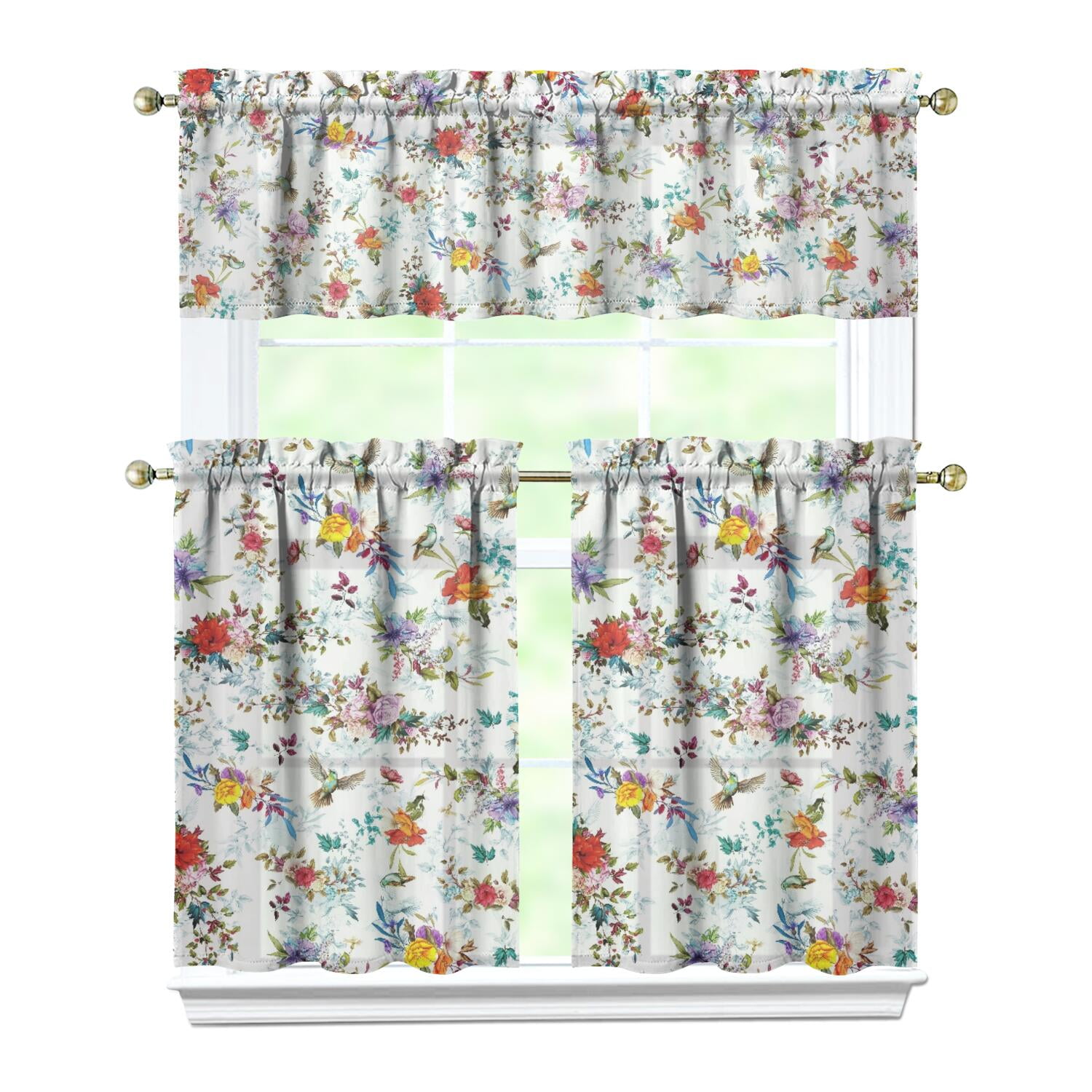 Farmhouse Vintage Curtains 36 Inch - 3 Panel Boho Wildflower Set with ...