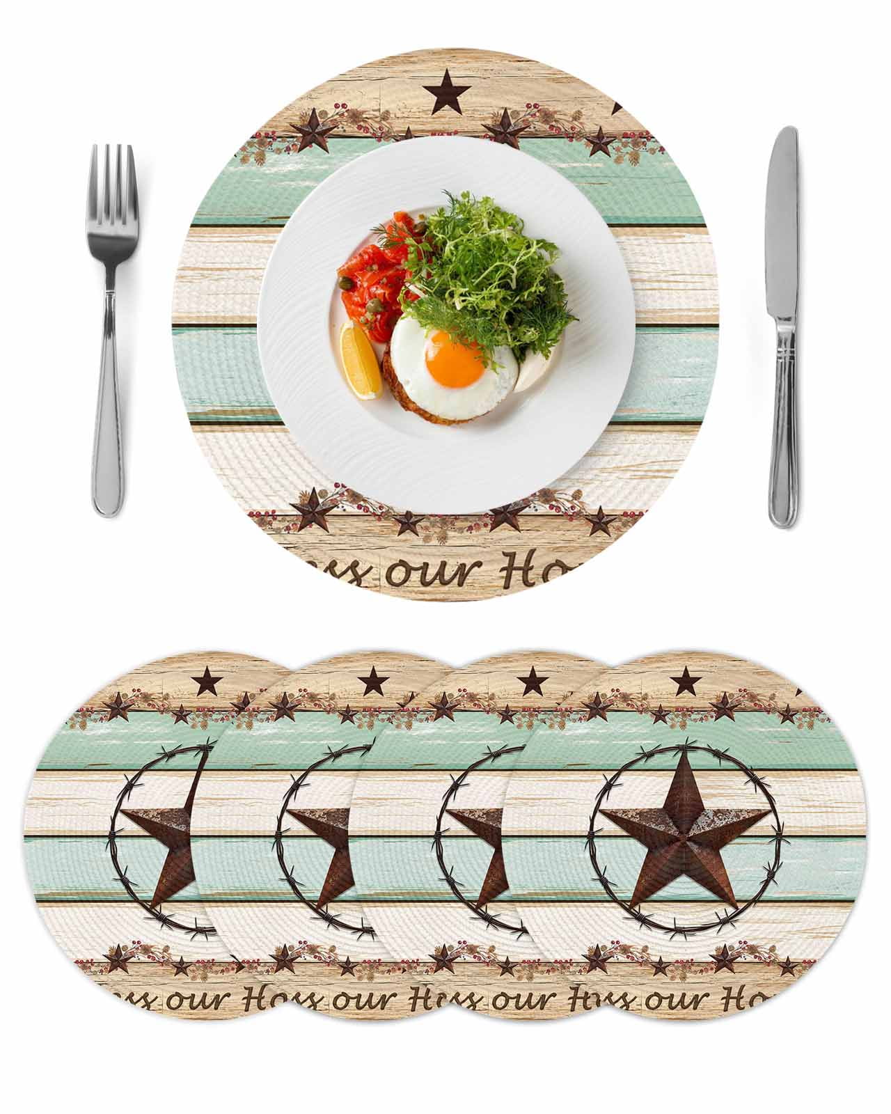 Farmhouse Vintage Round Table Placemats set of 4, Farm Star Bless Our ...