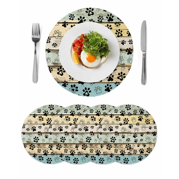 Farmhouse Vintage Round Table Placemats set of 4, Pet Dog Paws Wood ...