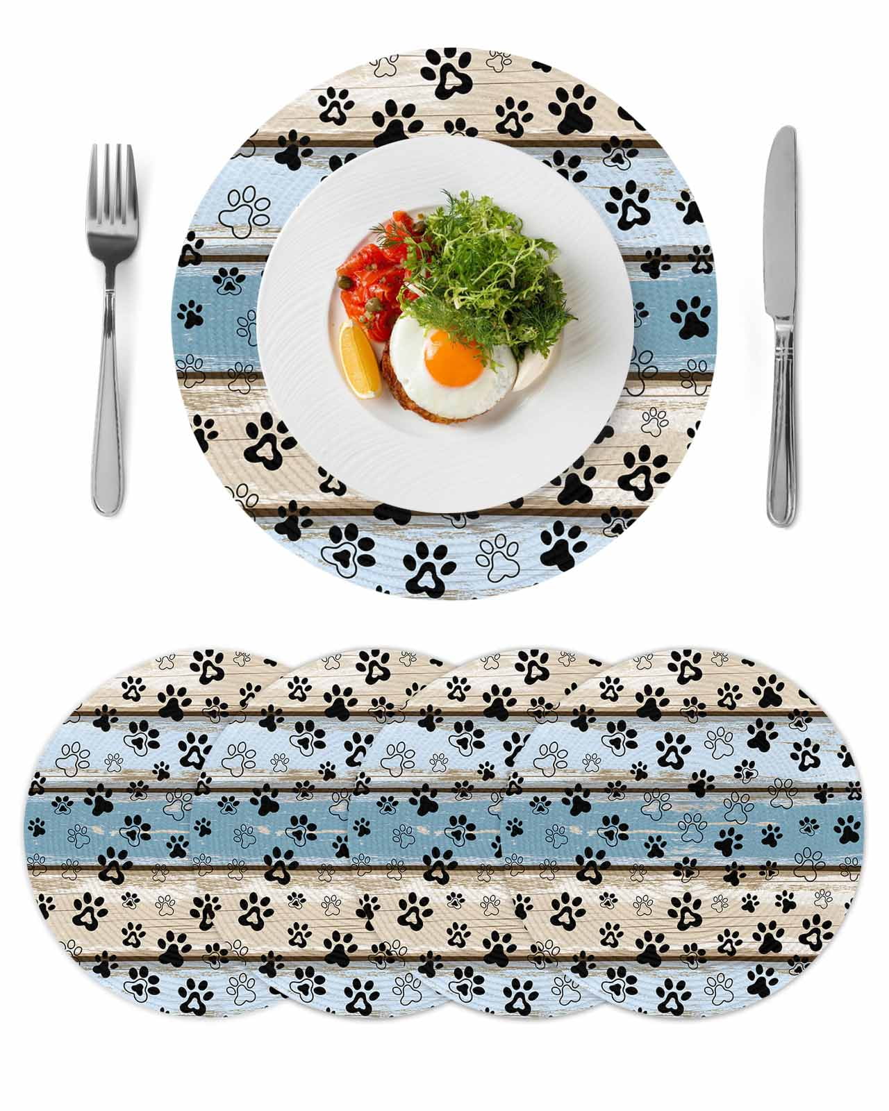 Farmhouse Vintage Round Table Placemats set of 4, Pet Dog Paws Wood ...