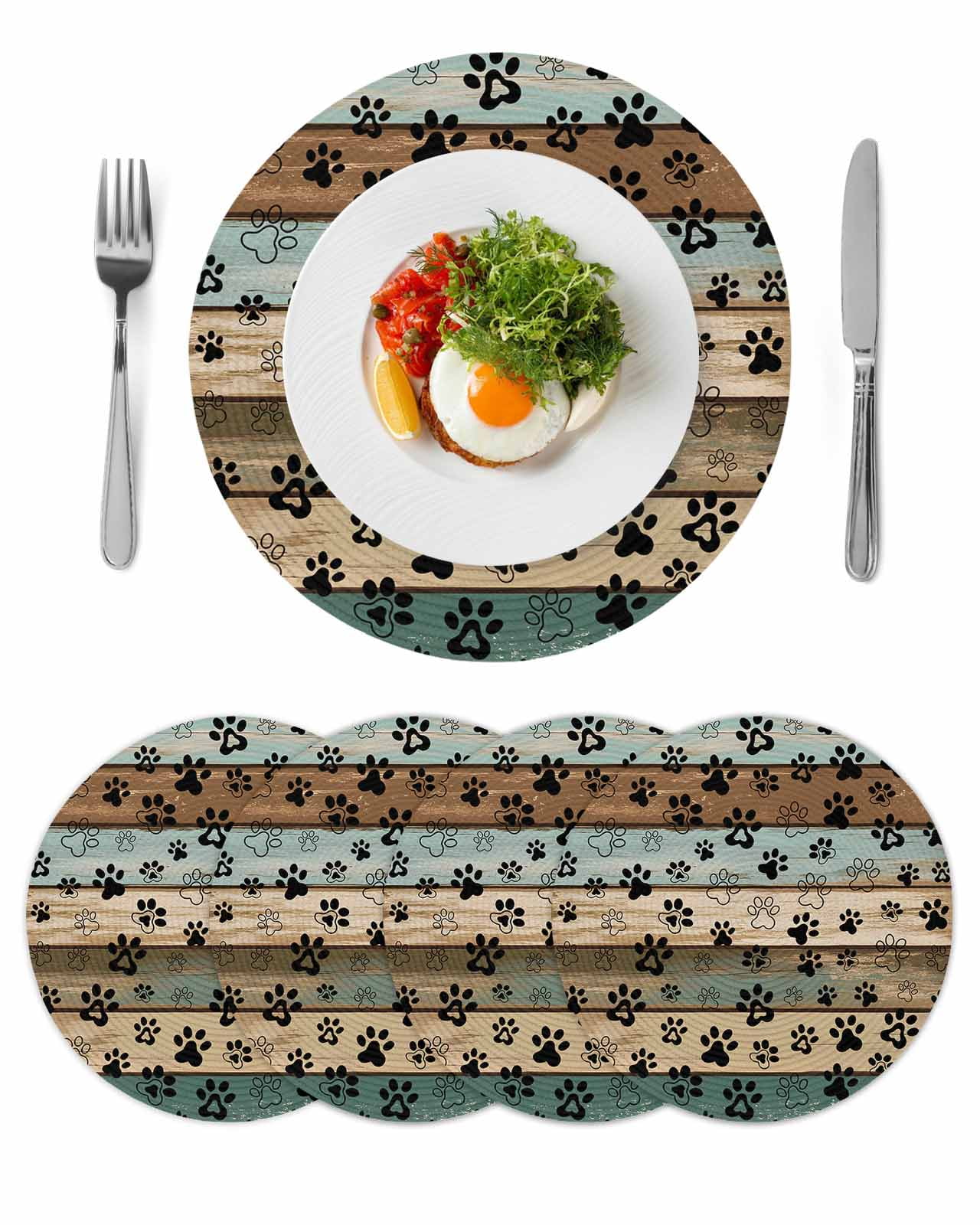 Farmhouse Vintage Round Table Placemats set of 4, Pet Dog Paws Wood Texture Washable Woven Place ...