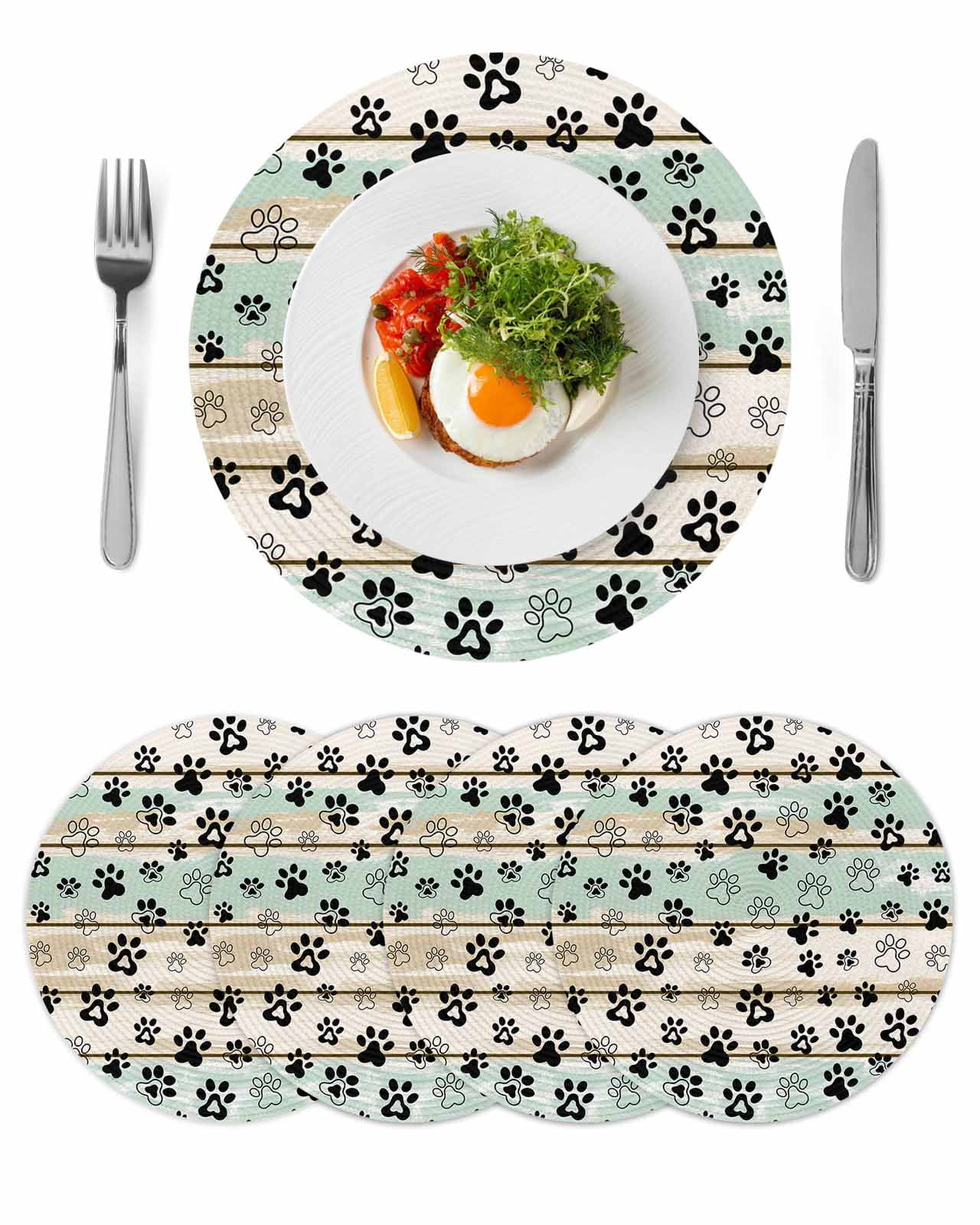 Farmhouse Vintage Round Table Placemats set of 4, Pet Dog Paws Wood ...