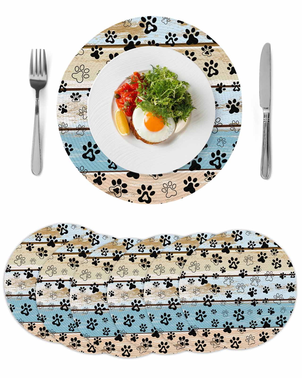 Farmhouse Vintage Round Table Placemats set of 6, Pet Dog Paws Wood ...
