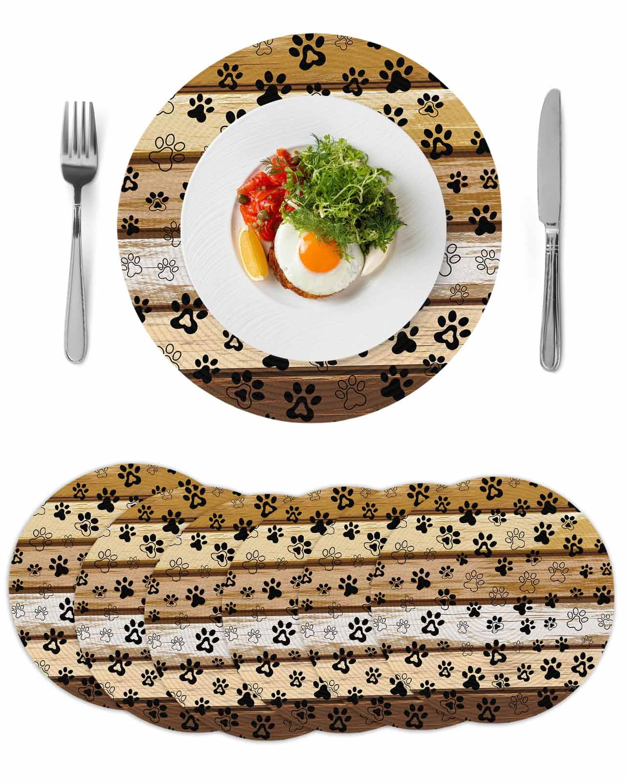 Farmhouse Vintage Round Table Placemats set of 6, Pet Dog Paws Wood ...