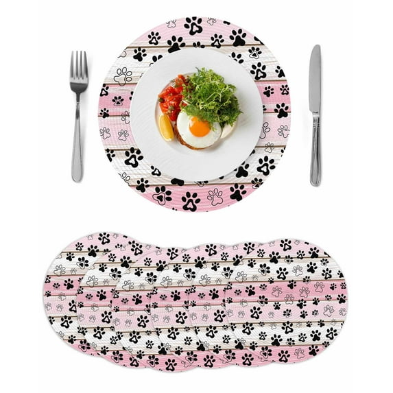 Farmhouse Vintage Round Table Placemats set of 6, Pet Dog Paws Wood ...