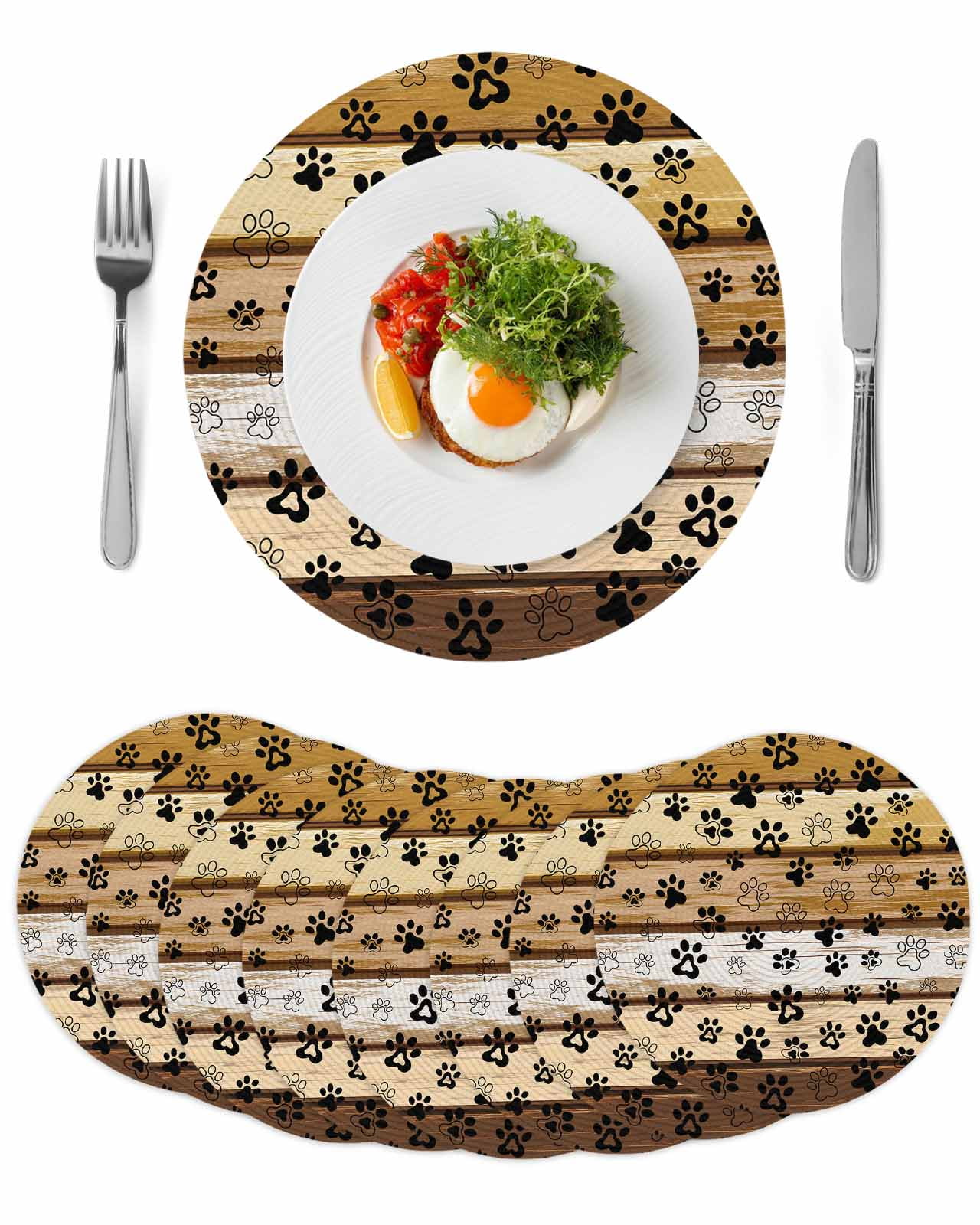 Farmhouse Vintage Round Table Placemats set of 8, Pet Dog Paws Wood ...