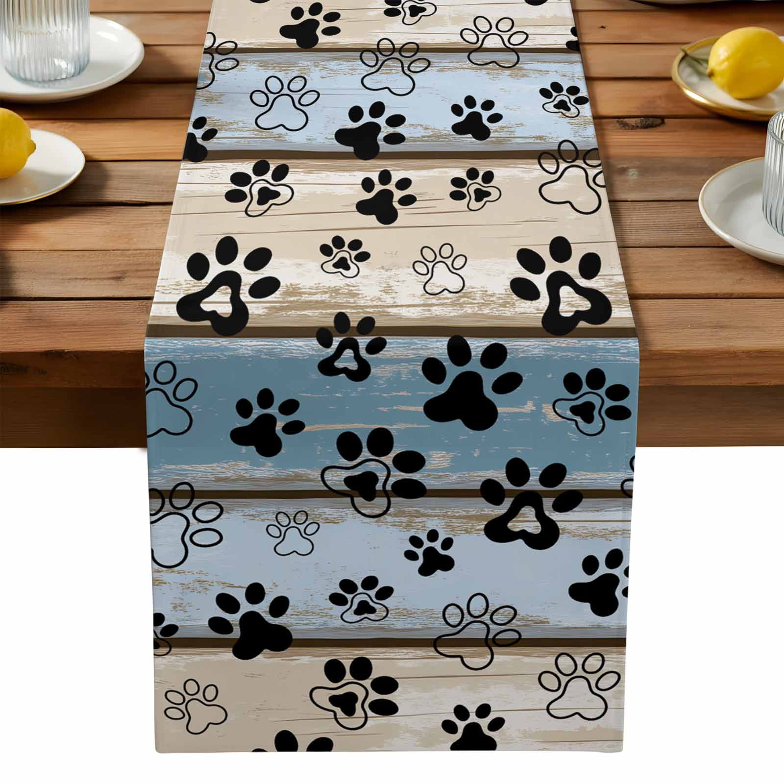 Farmhouse Vintage Table Runner, Pet Dog Paws Wood Texture Cotton Linen ...