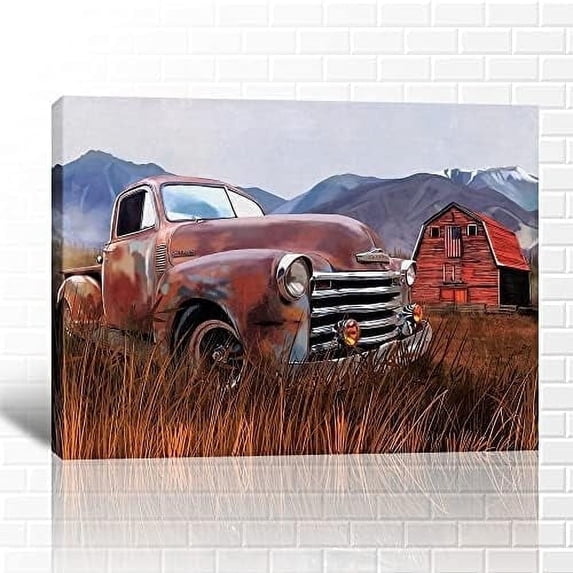 Farmhouse Wall Art Canvas, Vintage Barn Old Truck Windmill Landscape ...