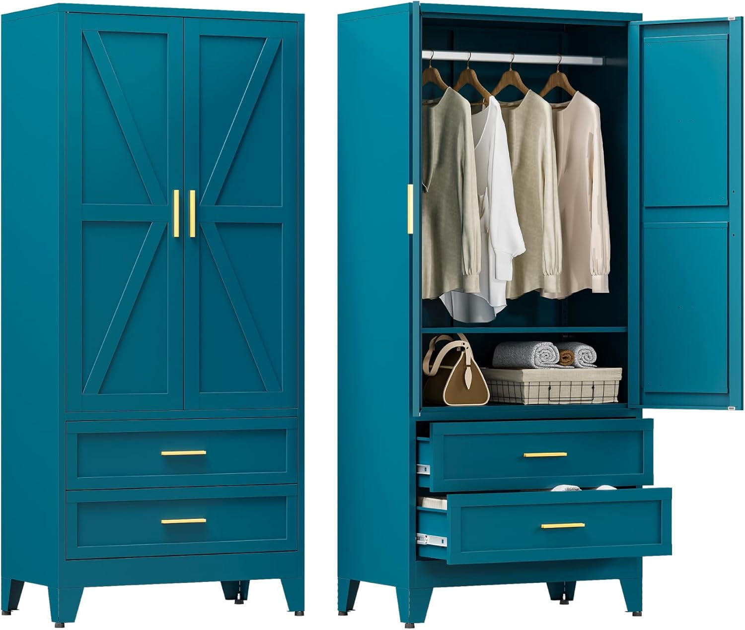 Farmhouse Wardrobe Cabinet with 2 Drawers,Metal Wardrobe Closet with ...