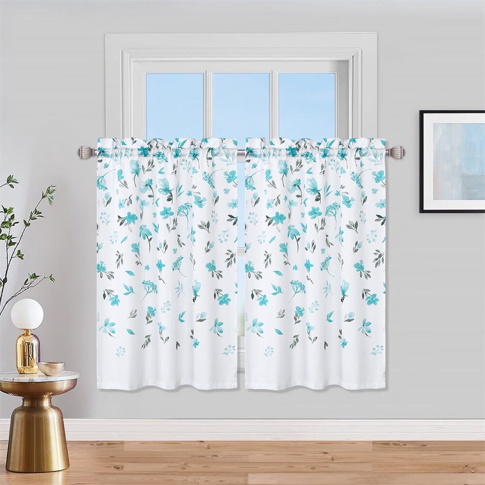 Farmhouse Watercolor Floral Tier Curtain, Rod Pocket Flower Leaf Design ...