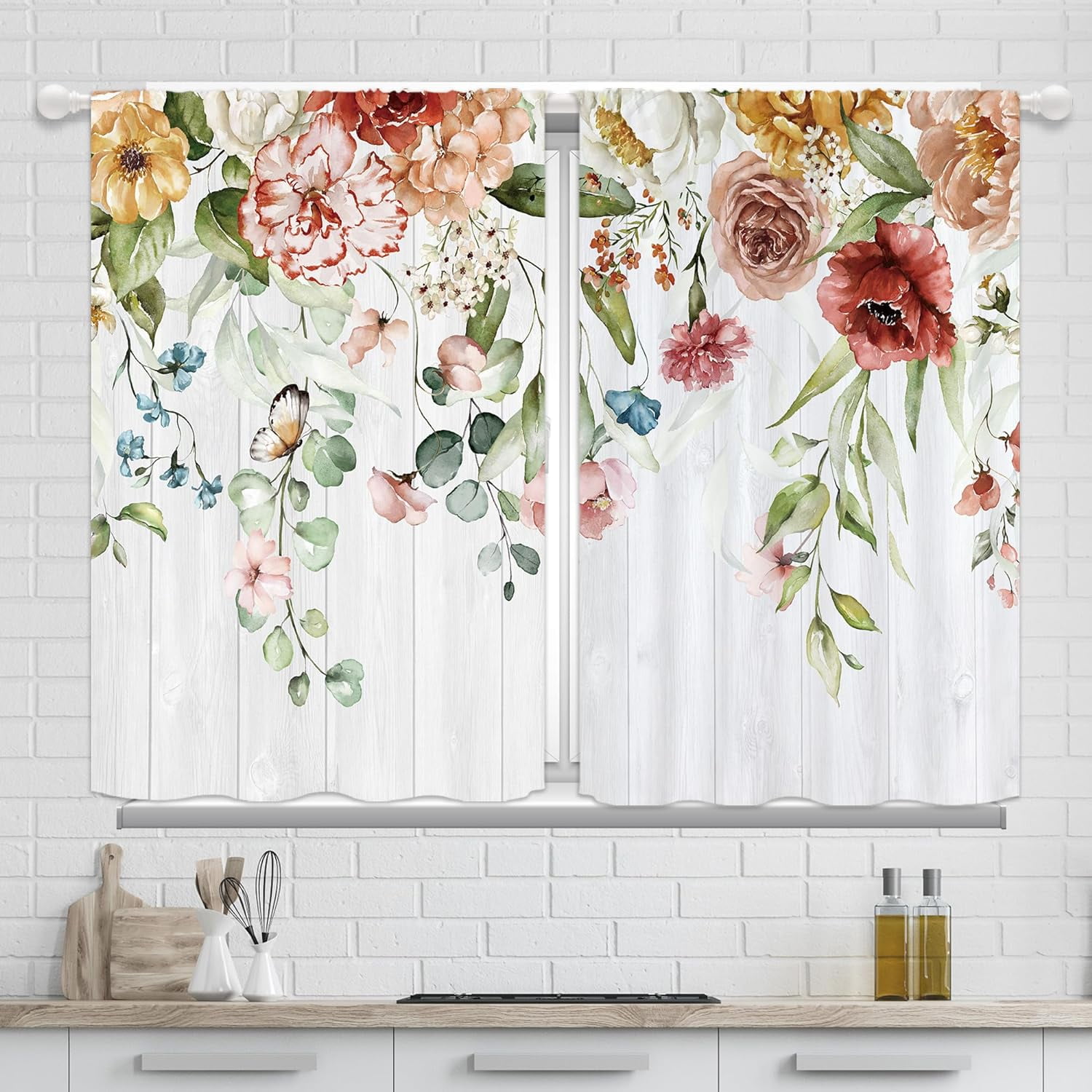 Farmhouse Watercolor Flower Kitchen Curtains, Rustic Wooden Colorful ...