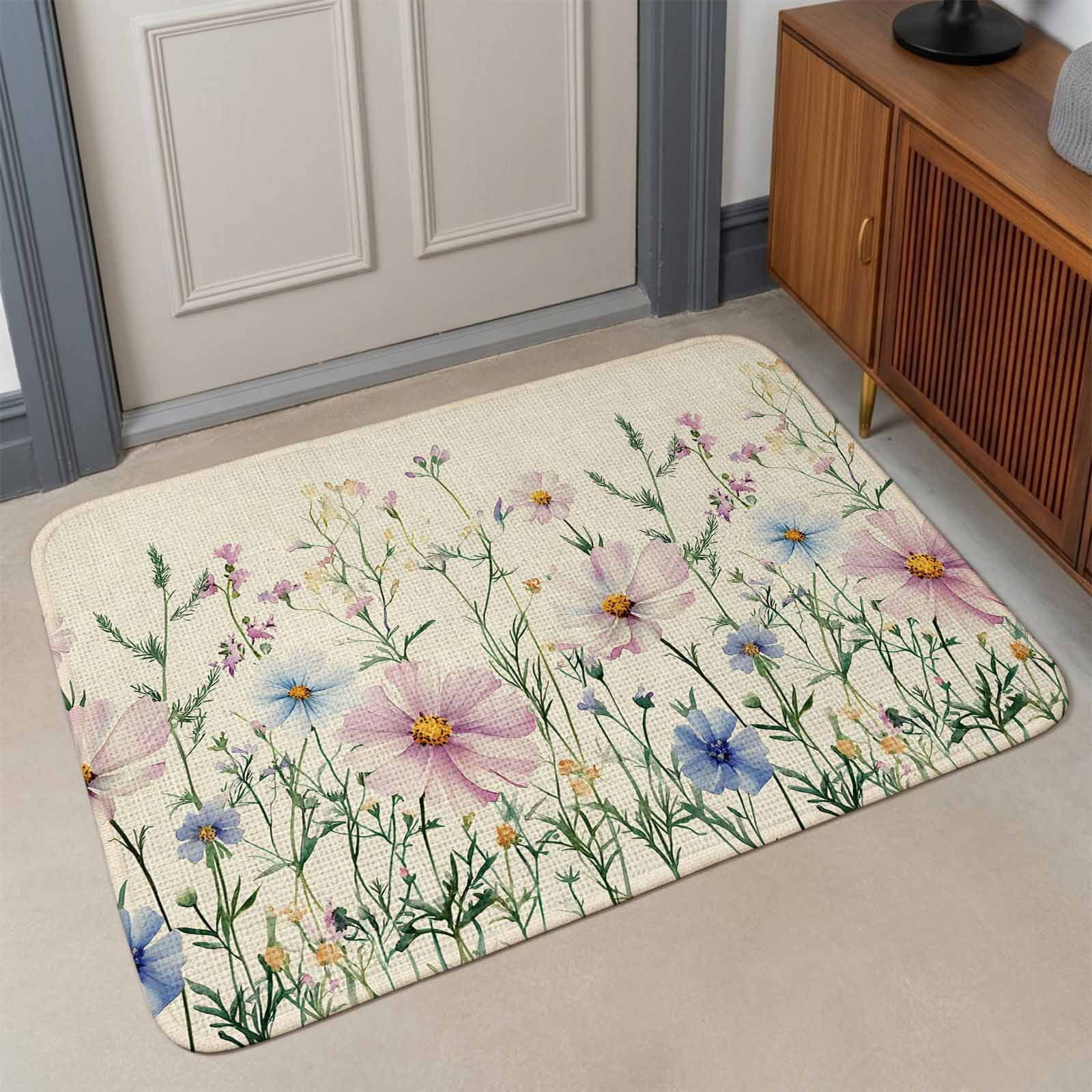 Farmhouse Watercolor Front Door Mat Indoor Entrance, Wildflowers Plants ...
