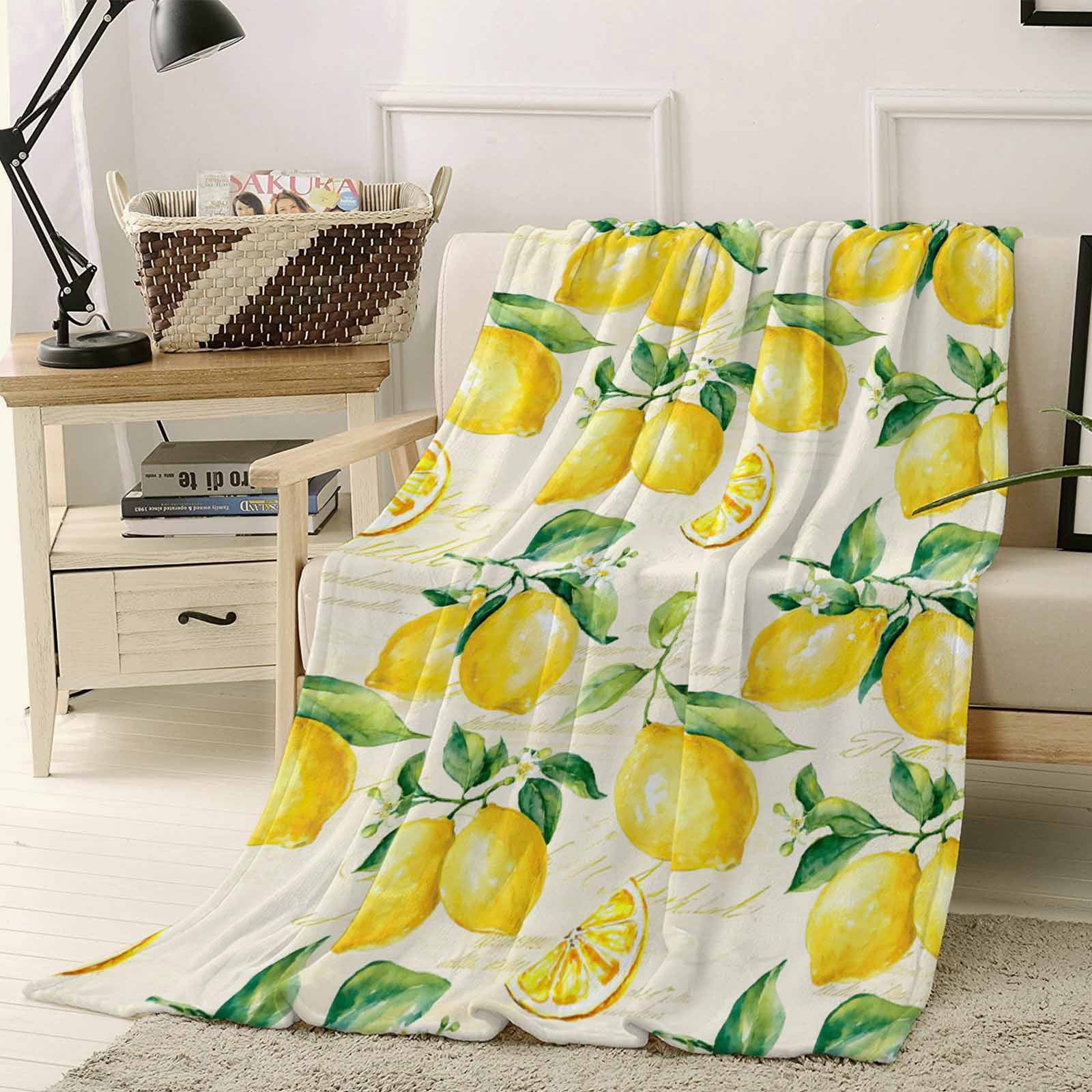 Farmhouse Watercolor Lemon Fruit Beige Letter Background Throw Flannel ...