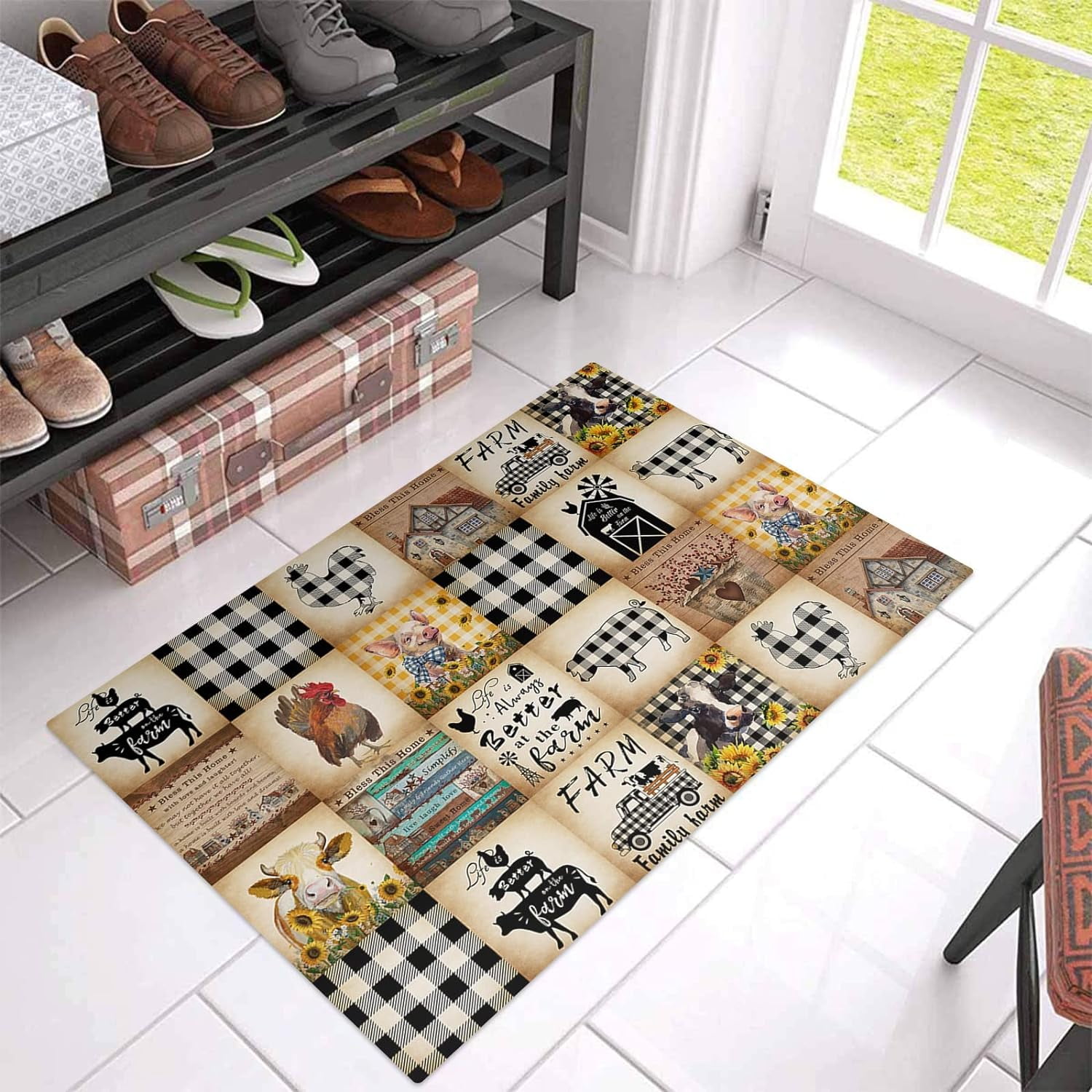 Farmhouse Welcome Doormat Vintage Animal Theme Plaid Door Mats, Non ...