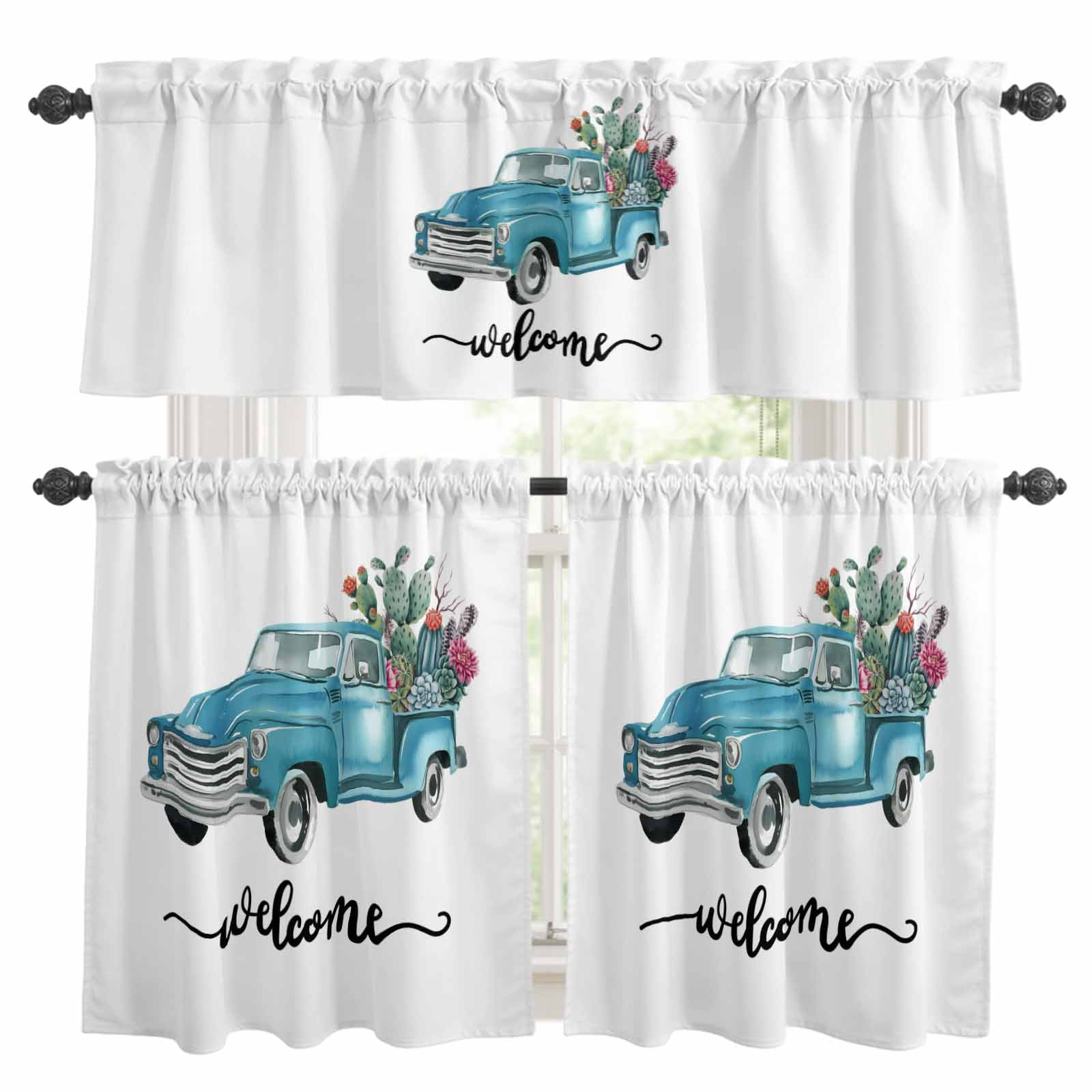 Farmhouse Welcome Window Curtains Valance Set of 3 Summer Car with ...