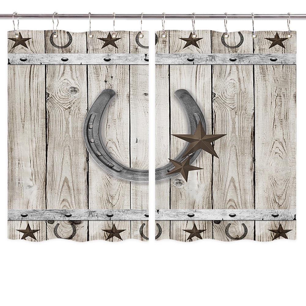 Farmhouse Western Kitchen Curtains Set,Barn Star with Horseshoe on Gray ...