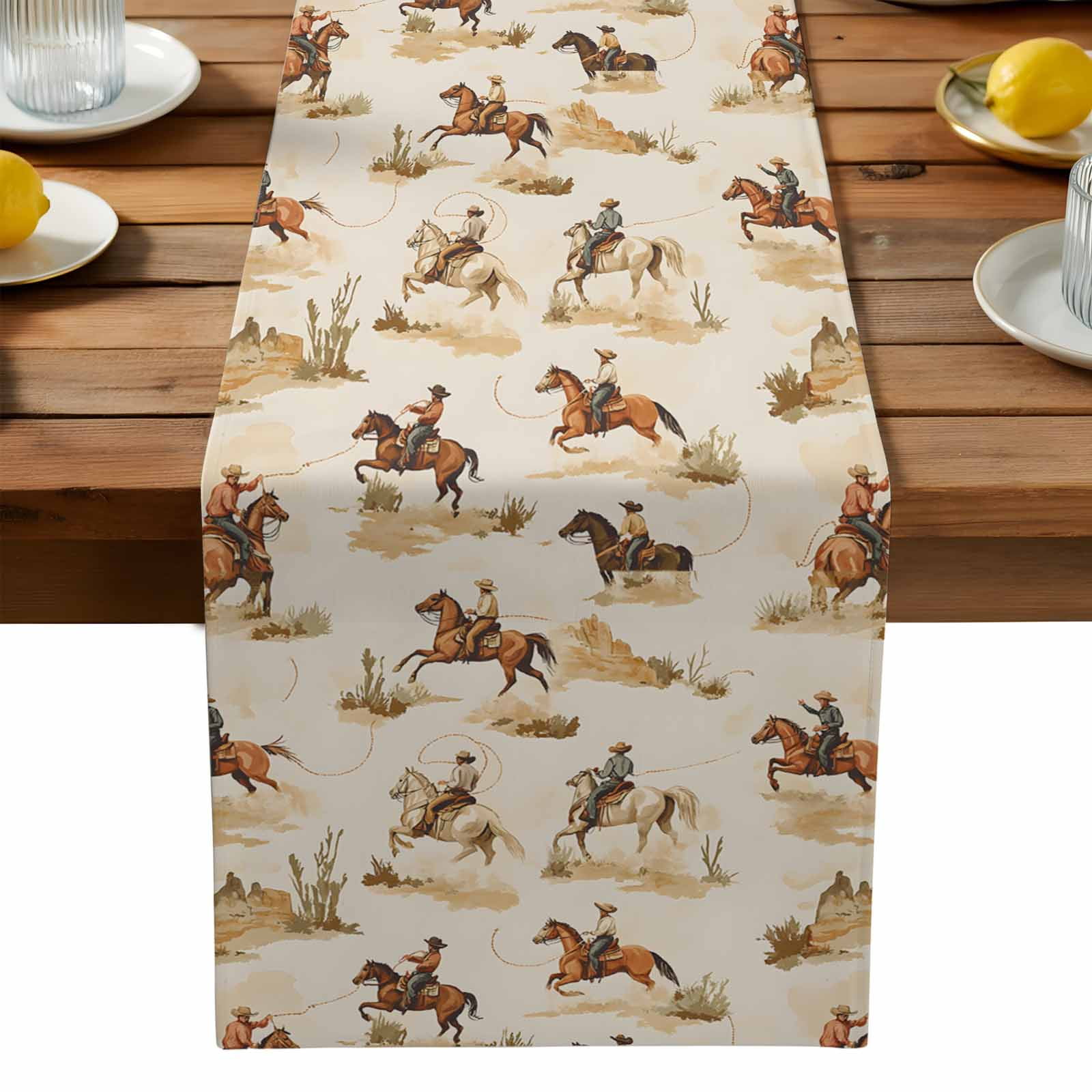 Farmhouse Western Table Runner, Cowboy Desert Horse Print Cotton Linen ...