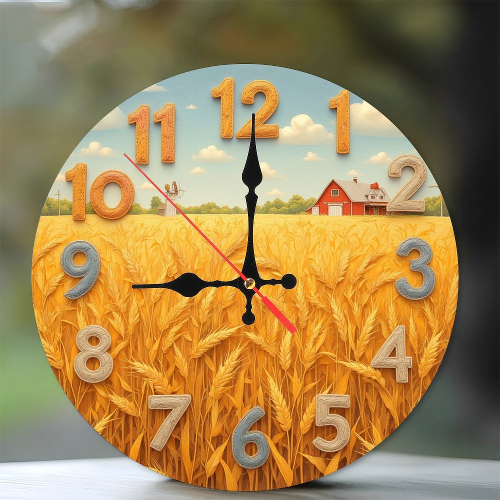 Farmhouse Wheat Field Clock Wall Decor 10-Inch Silent Wooden Wall Clock, Battery Operated (AA ...