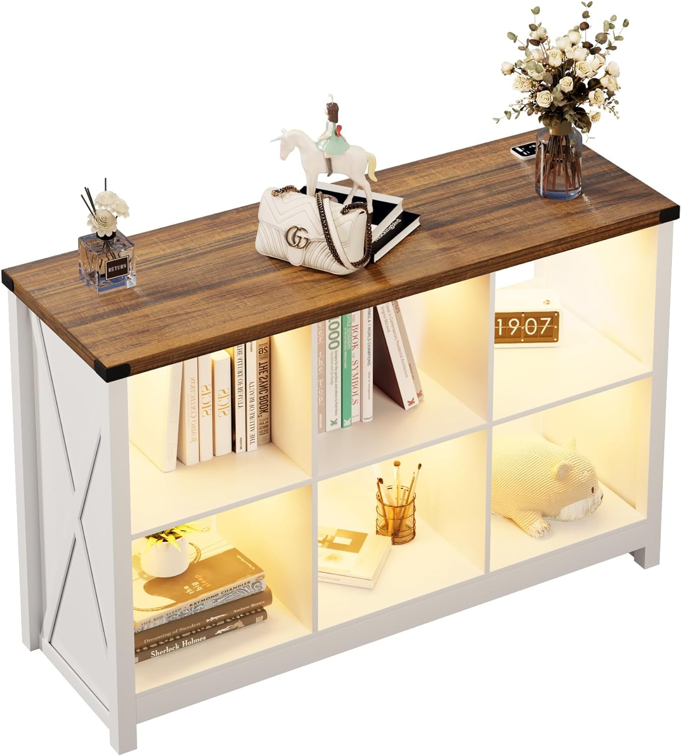 Farmhouse White Bookcase with Led Lights, Mid Century Modern 6 Cube ...