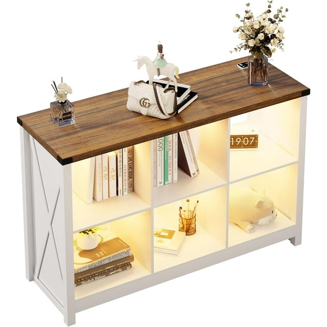 Farmhouse White Bookcase with Led Lights, Mid Century Modern 6 Cube ...