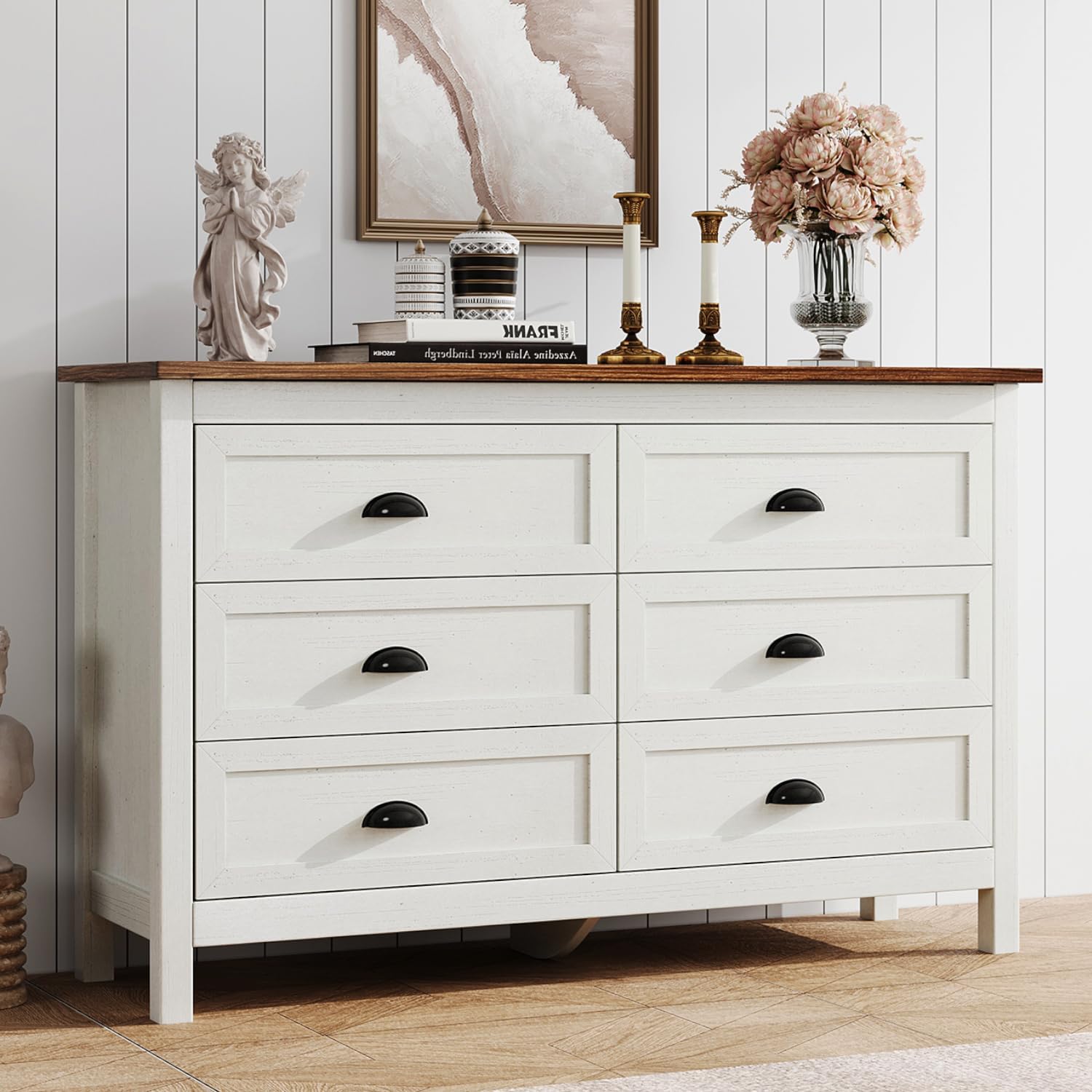 Farmhouse White Dresser for Bedroom, Modern 6 Drawer Double Dresser for ...
