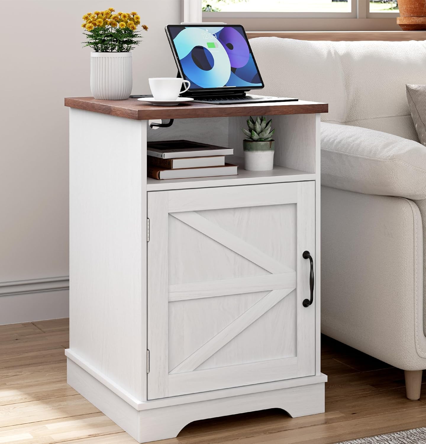 Farmhouse White Nightstand with Charging Station, Bedside Table with ...