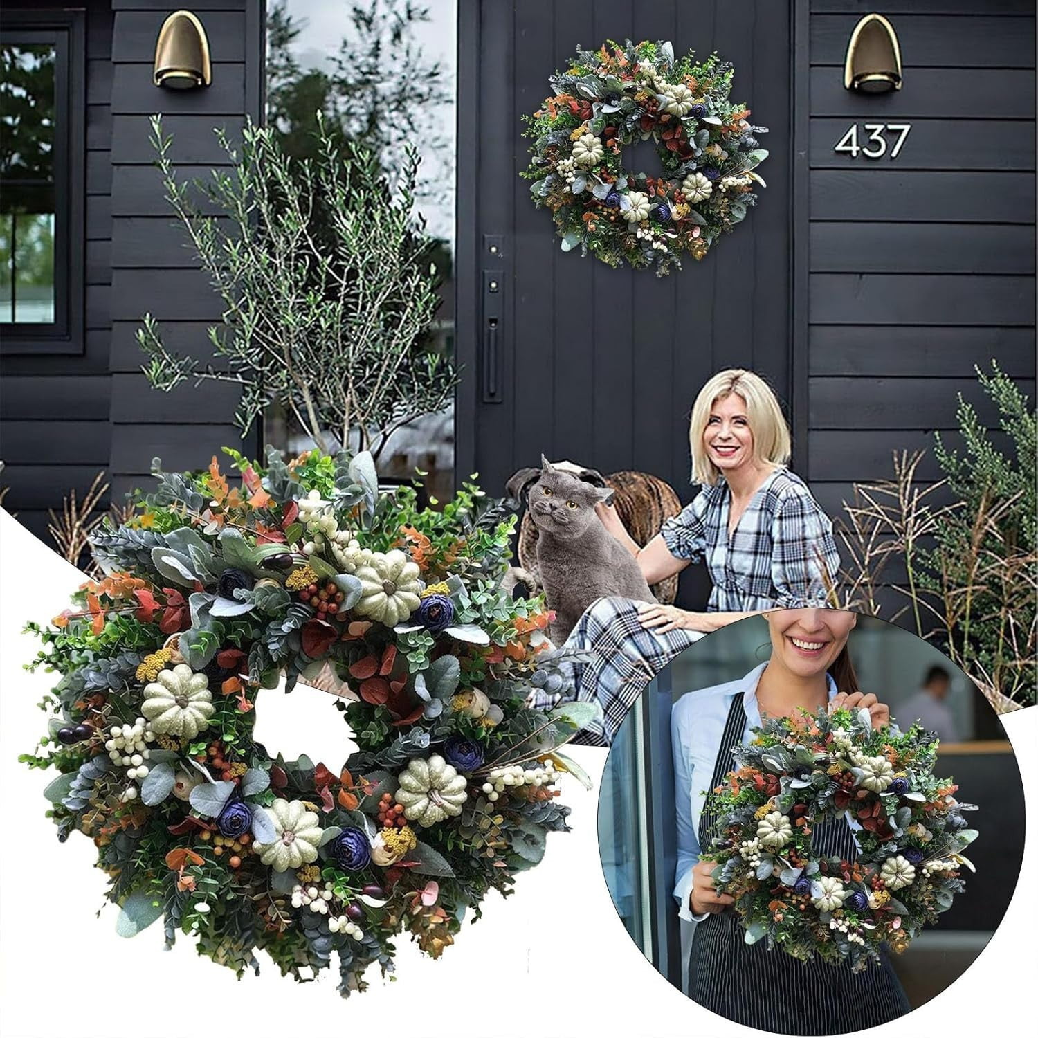 Farmhouse White Pumpkin Wreath-Ranunculus and Eucalyptus Autumn Decor ...