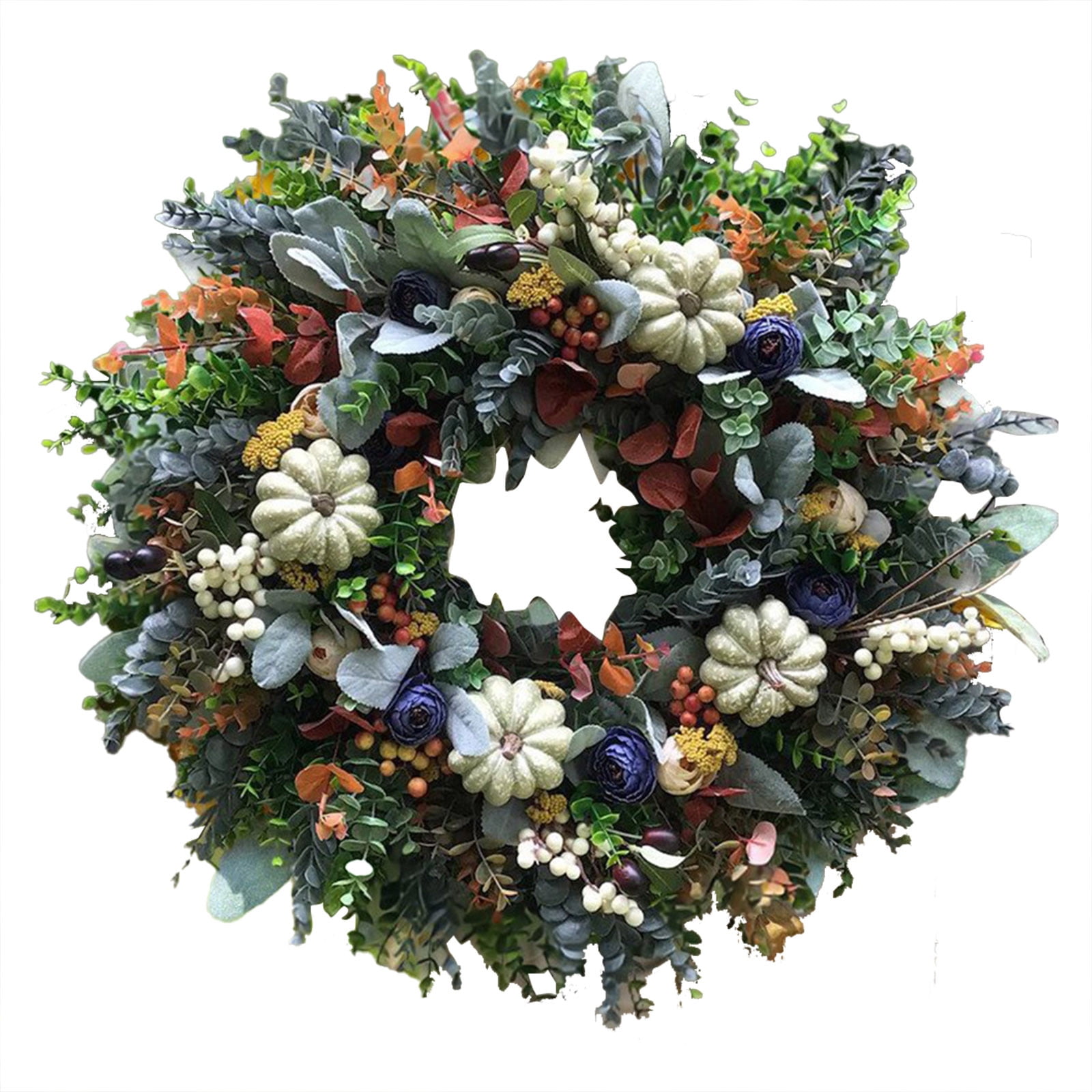 Farmhouse White Pumpkin Wreath with Ranunculus and Eucalyptus, White ...