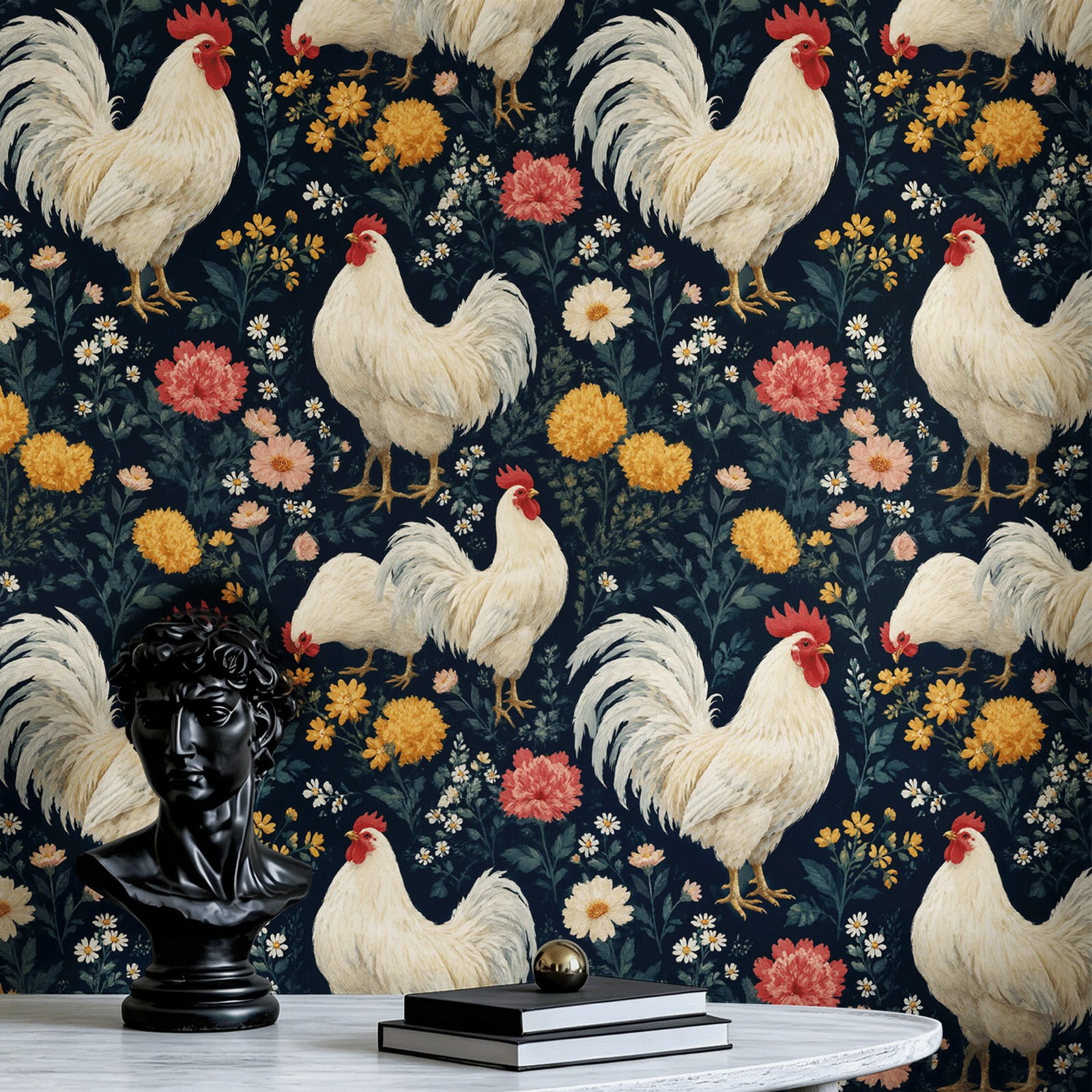 Farmhouse White Rooster Floral Wallpaper Vintage Rustic Peel and Stick ...