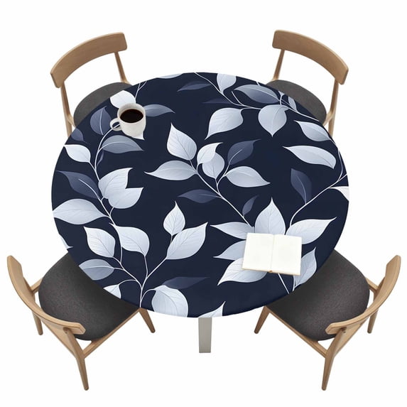 Farmhouse White Round Fitted Tablecloth with Elastic Edge Leaf Texture ...