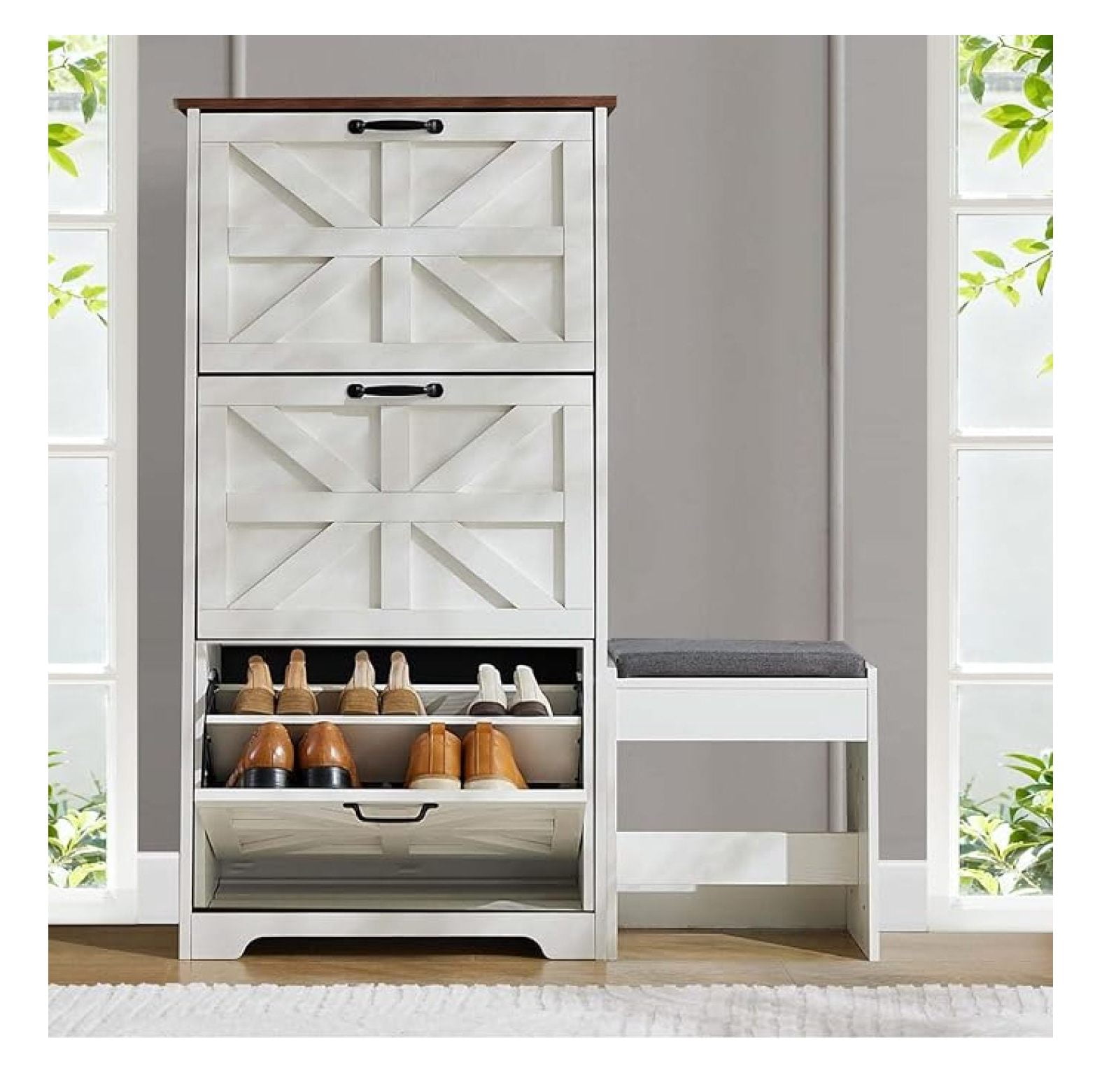 Farmhouse White Shoe Cabinet with – 3-Tier Drawer Entryway Storage ...