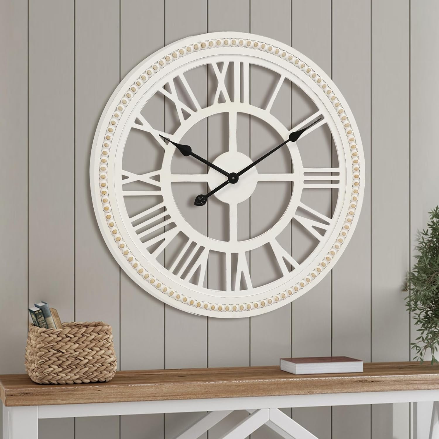 Farmhouse White Wall Clock, Boho Beaded Clock Silent Non Ticking ...