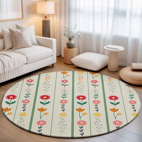 Farmhouse Wild Flower on Green Round Rug 5ft Spring Berry Leaves Herb ...